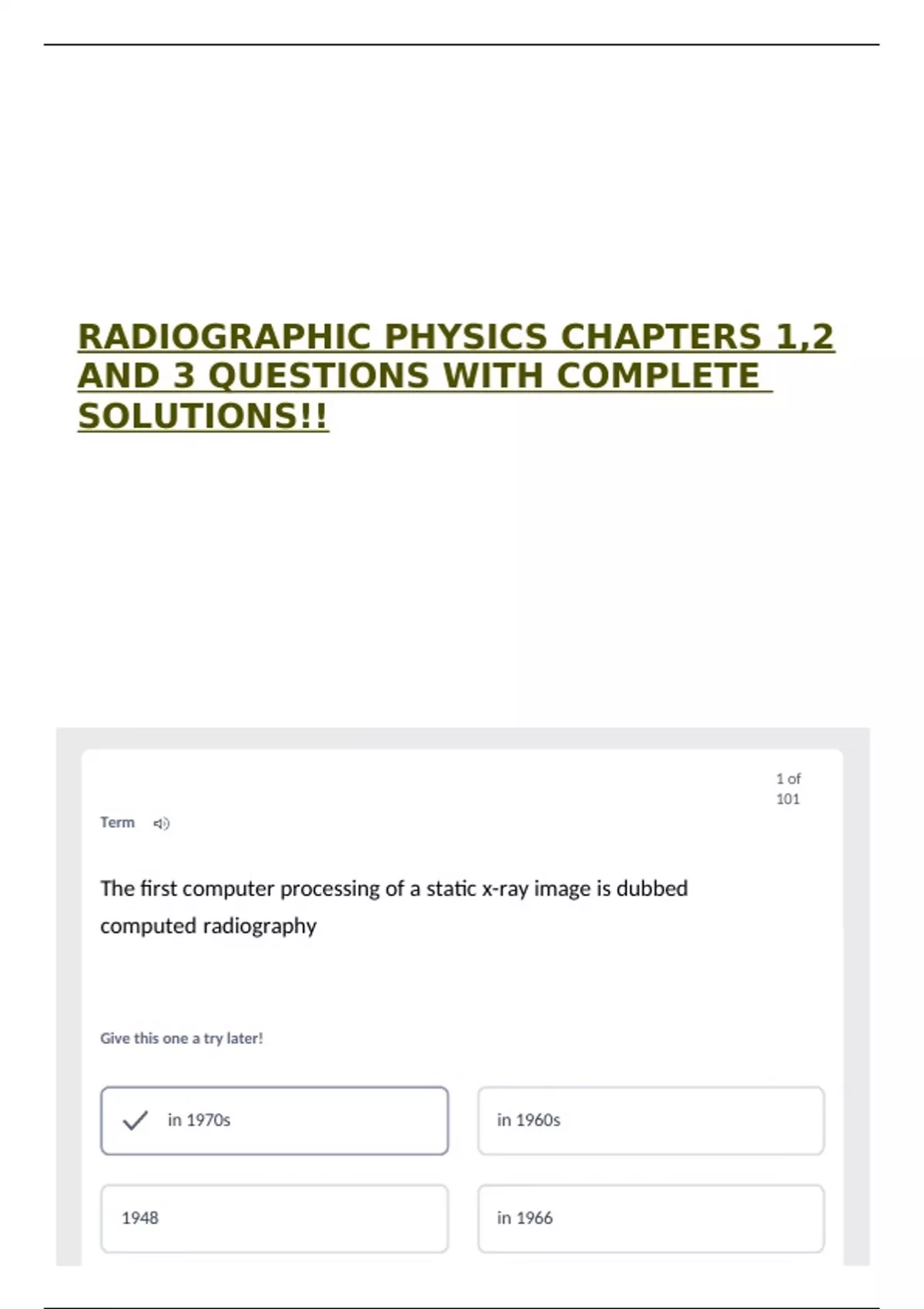 RADIOGRAPHIC PHYSICS CHAPTERS 1,2 AND 3 QUESTIONS WITH COMPLETE ...
