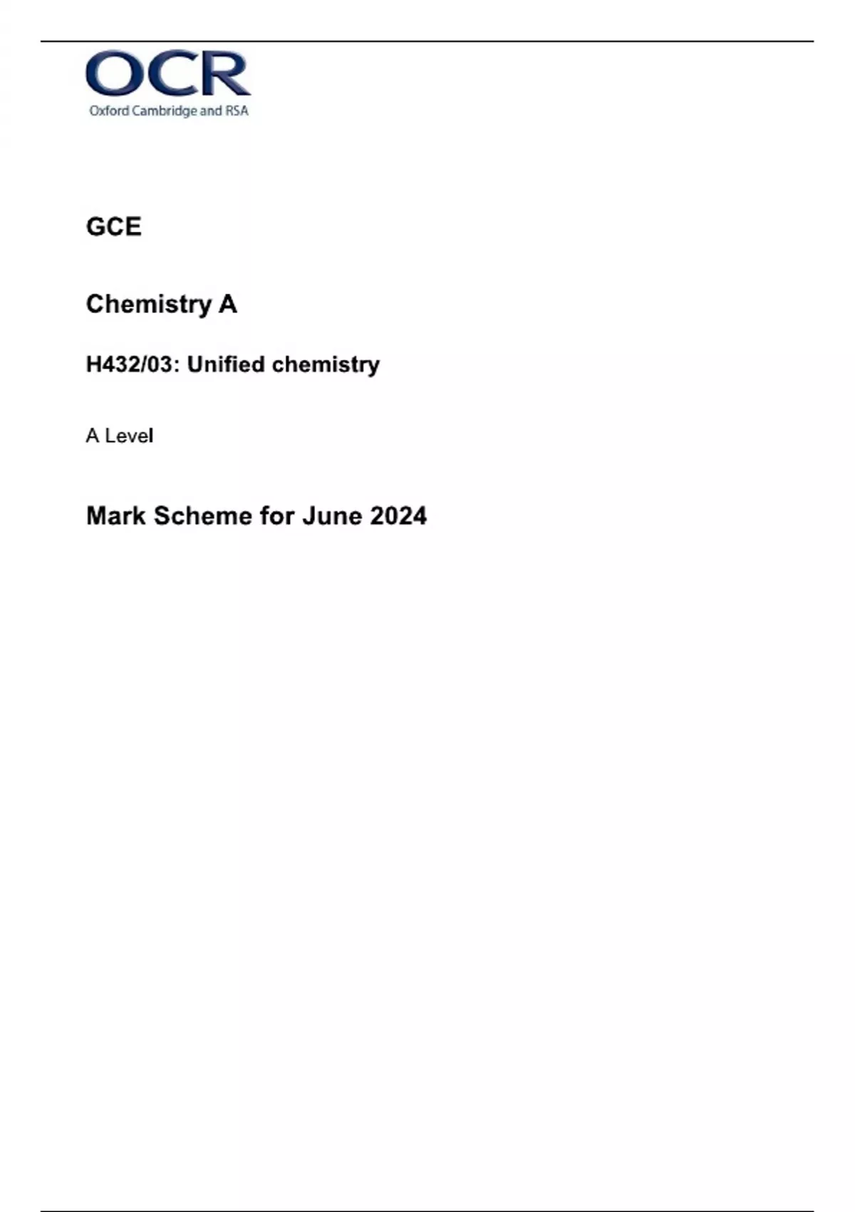 OCR 2024, A - LEVEL JUNE CHEMISTRY A PAPER 3 MARK SCHEME. - OCR (CHEMISTRY) - Stuvia UK