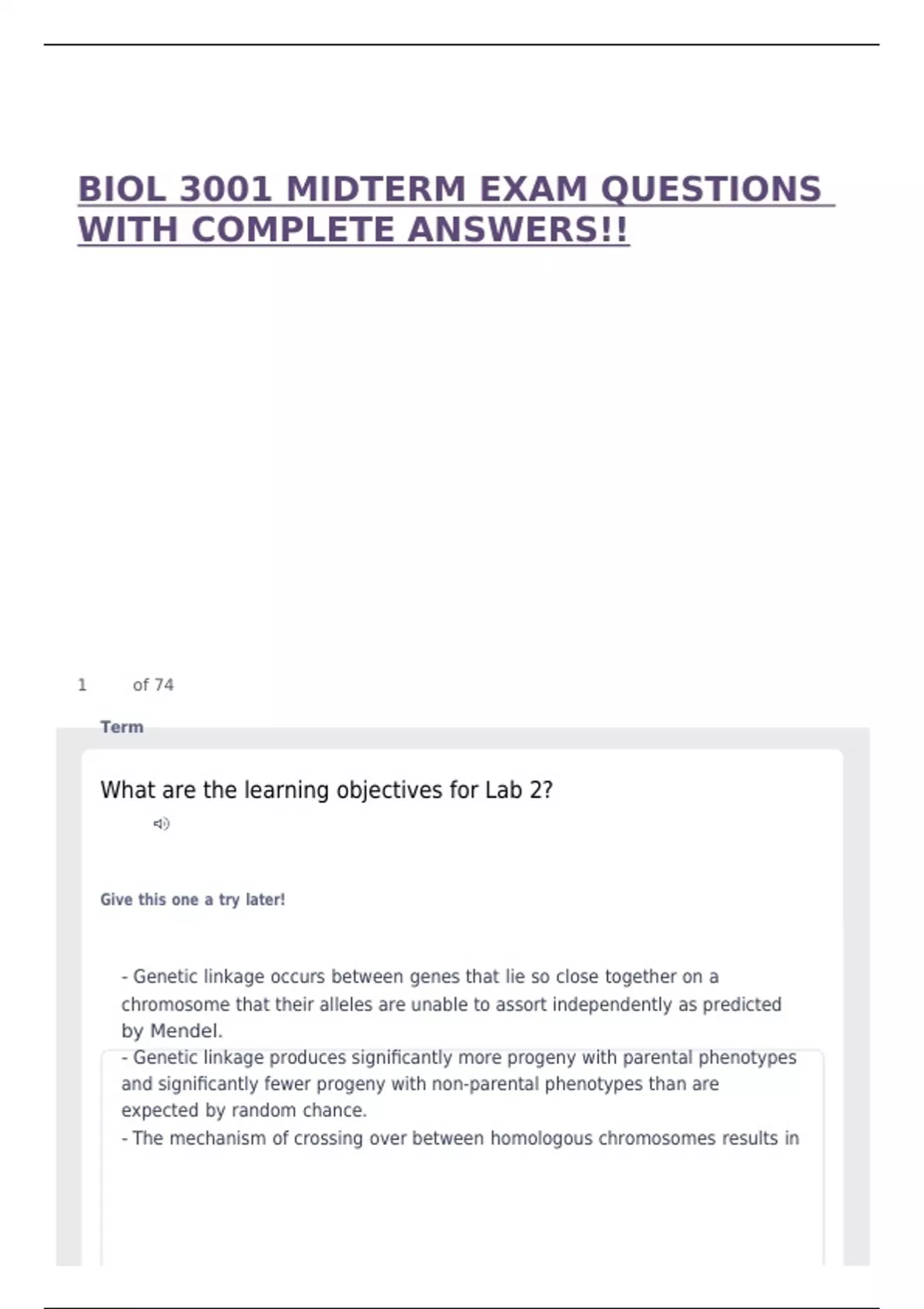 BIOL 3001 MIDTERM EXAM QUESTIONS WITH COMPLETE ANSWERS!! - BIOL 3001 - Stuvia US