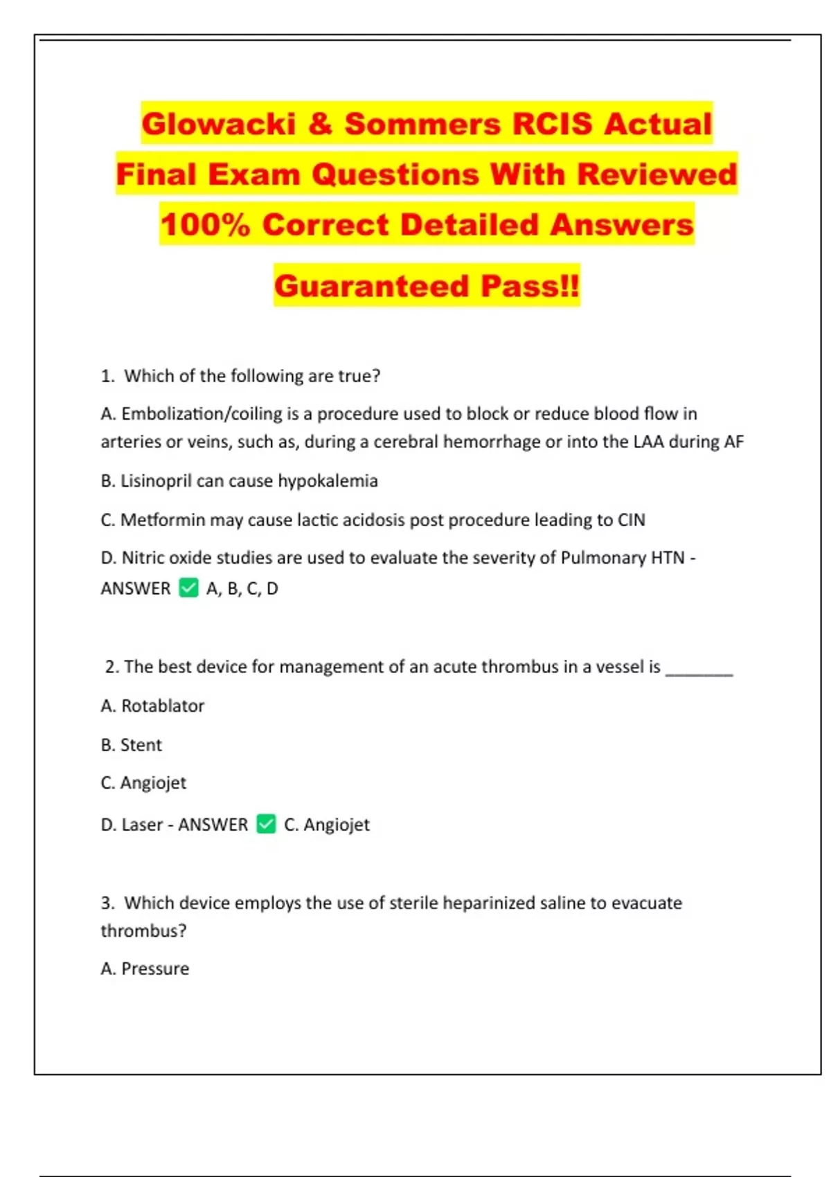 Glowacki & Sommers RCIS Actual Final Exam Questions With Reviewed 100% Correct Detailed Answers ...