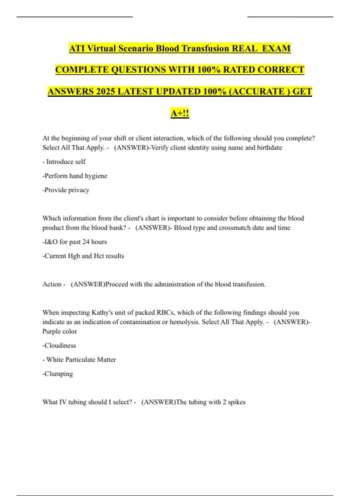 ATI Virtual Scenario Blood Transfusion REAL EXAM COMPLETE QUESTIONS ...