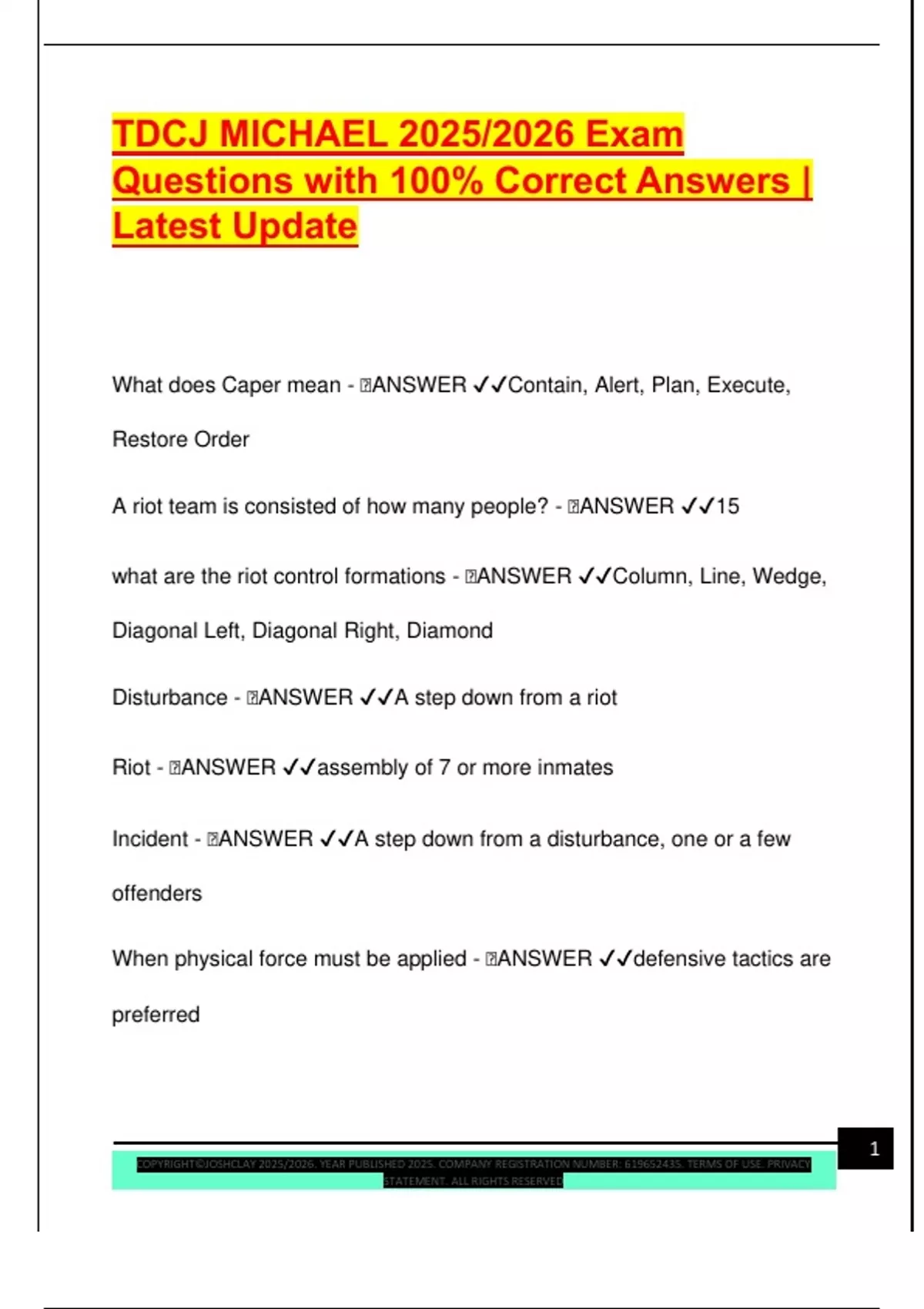 TDCJ MICHAEL 2025/2026 Exam Questions with 100% Correct Answers ...