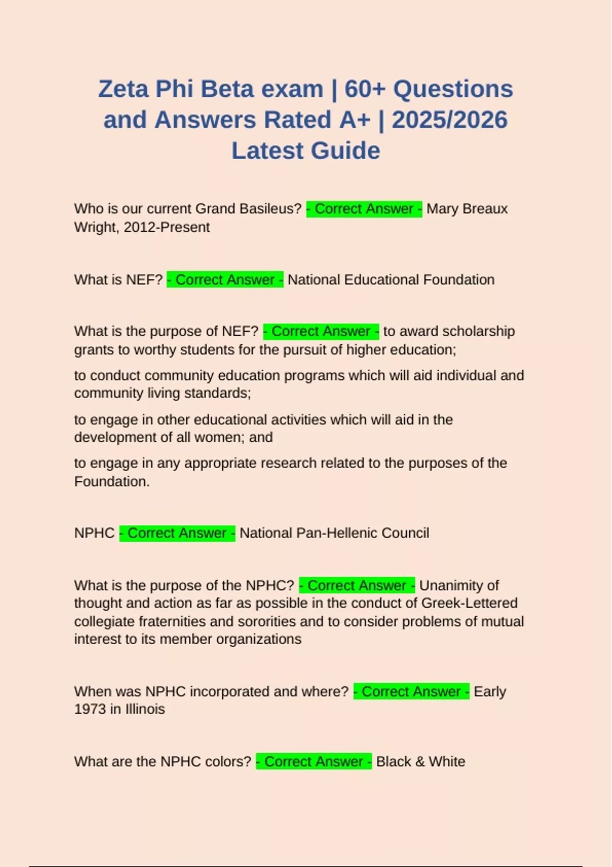 Zeta Phi Beta exam | 60+ Questions and Answers Rated A+ | 2025/2026 ...