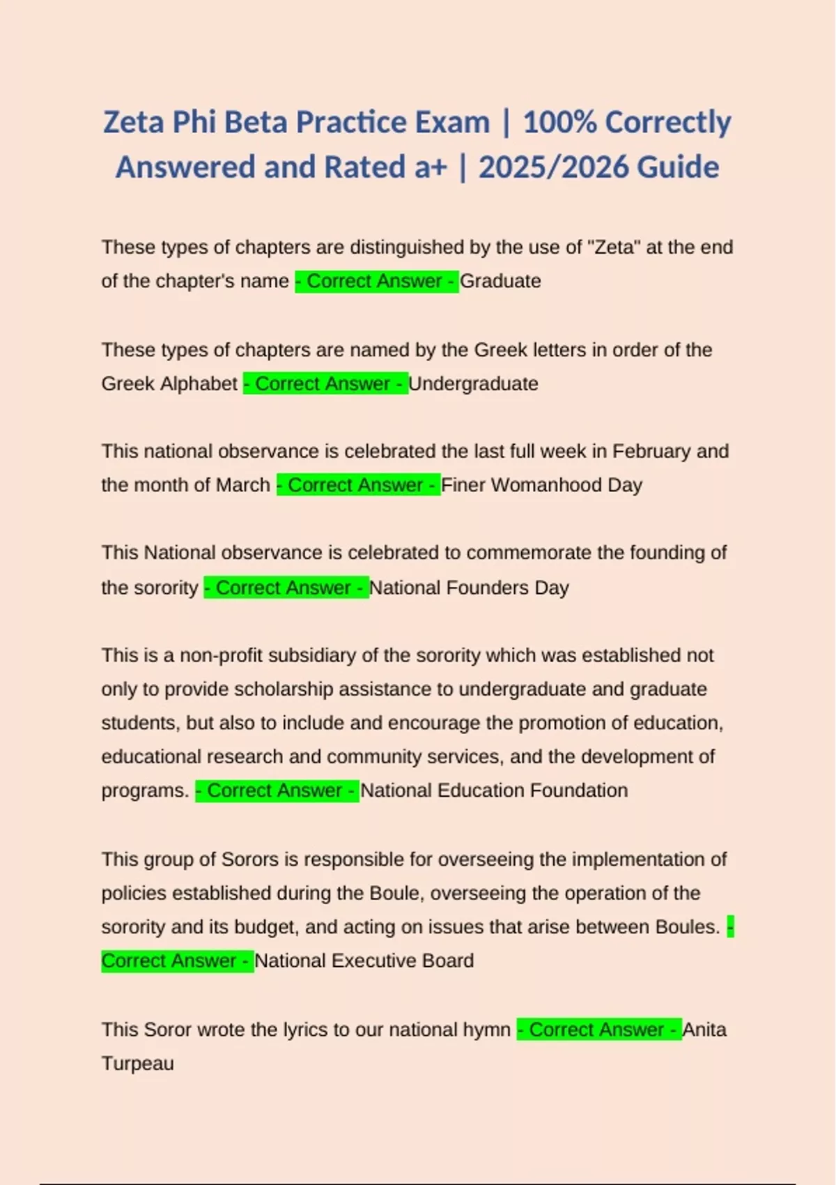 Zeta Phi Beta Practice Exam | 100% Correctly Answered and Rated a+ ...