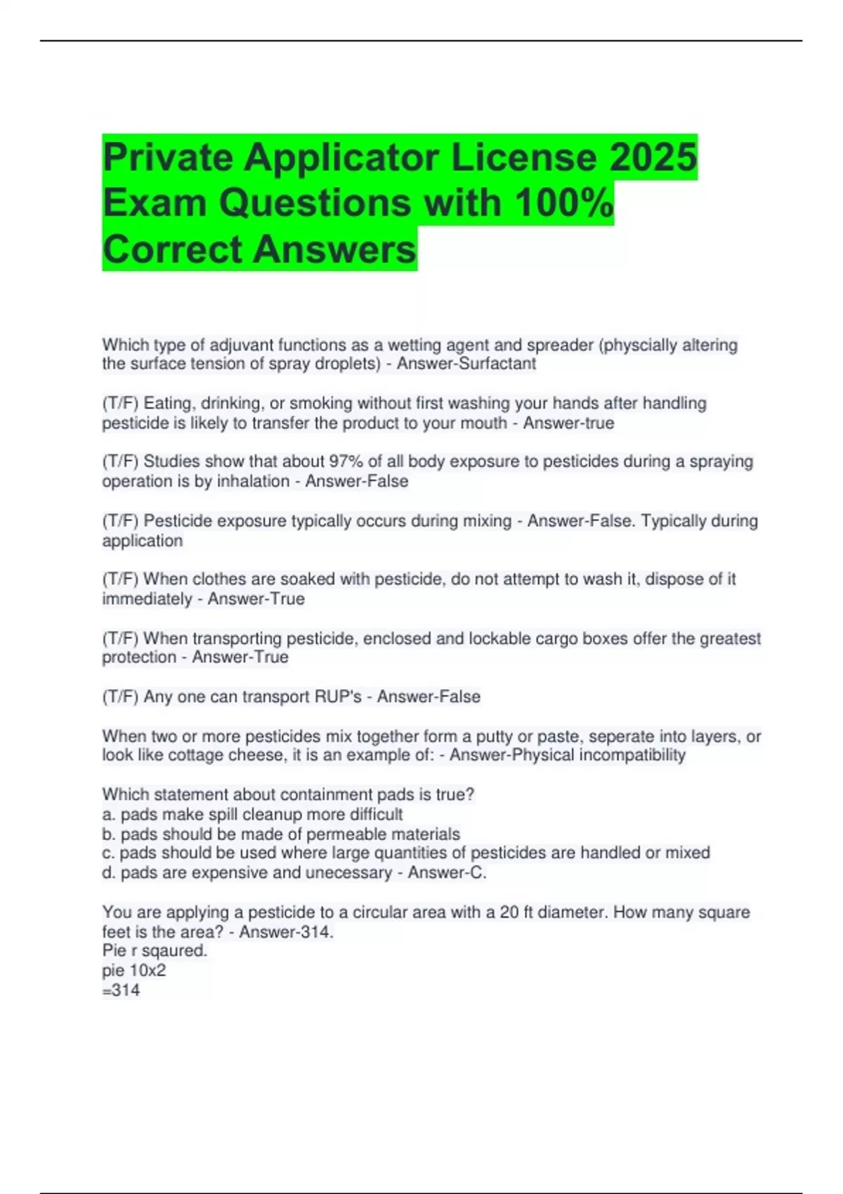 Private Applicator License 2025 Exam Questions with 100% Correct Answers - Private Applicator ...