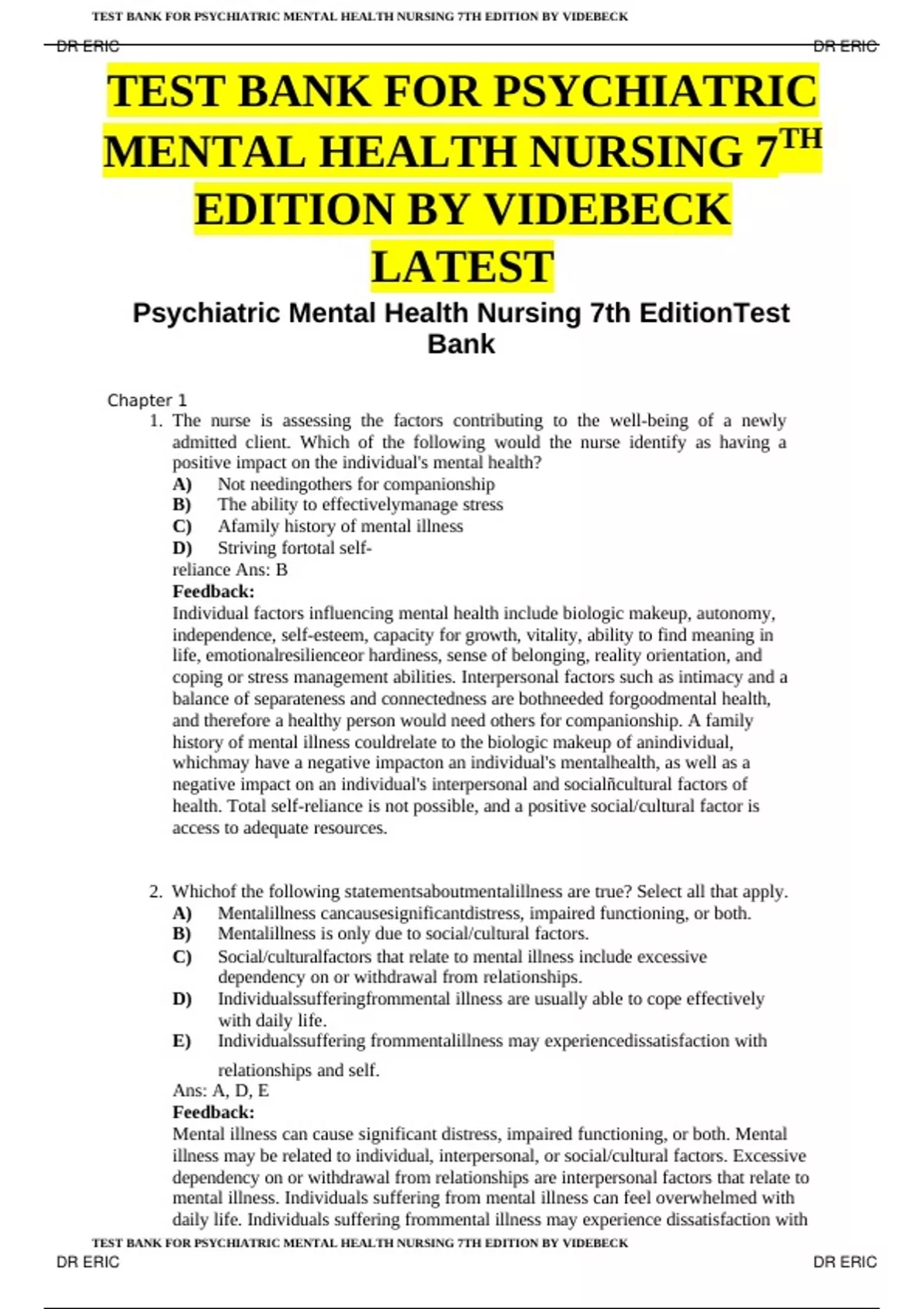 TEST BANK FOR PSYCHIATRIC MENTAL HEALTH NURSING 7TH EDITION BY VIDEBECK ...