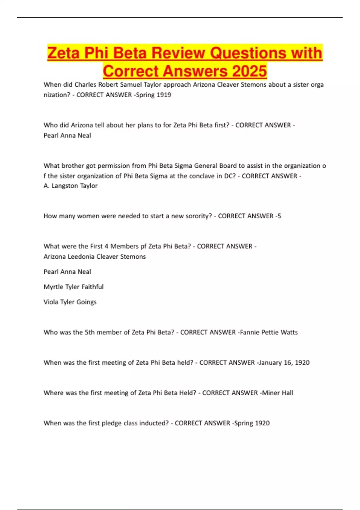 ZETA PHI BETA Exam Questions with 100% Correct Answers | Latest Version ...