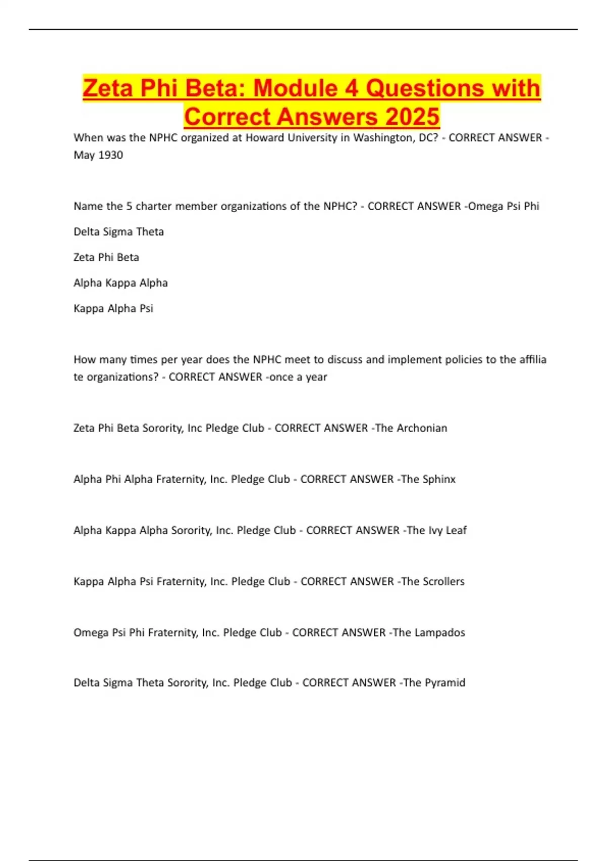 Zeta Phi Beta Module 4 Questions with Correct Answers 2025 - ZETA PHI ...