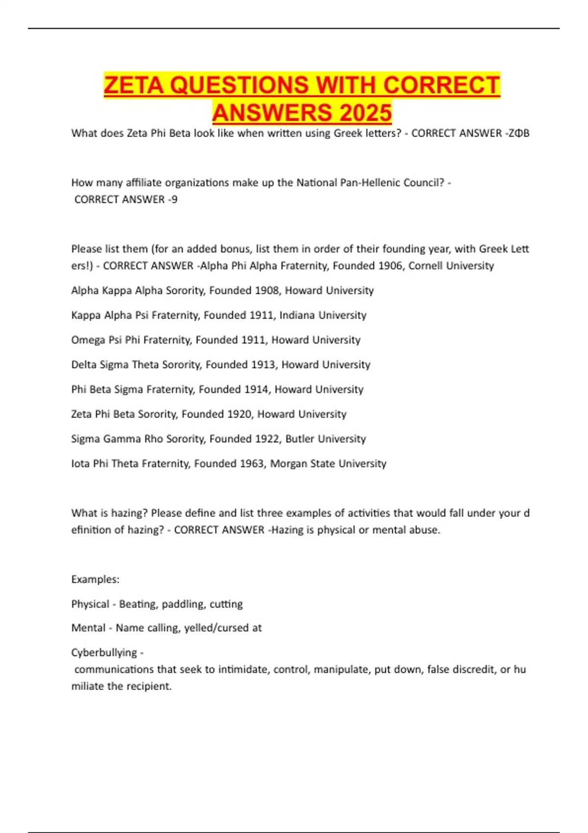 ZETA QUESTIONS WITH CORRECT ANSWERS 2025 - ZETA PHI BETA - Stuvia US