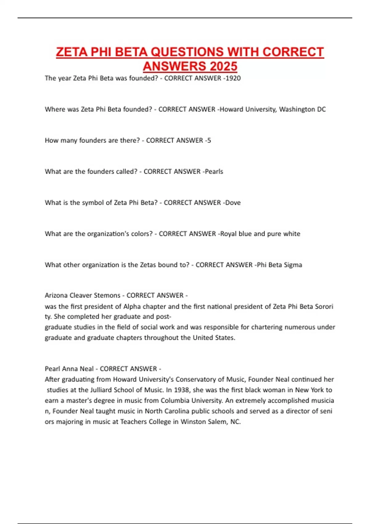 ZETA PHI BETA QUESTIONS WITH CORRECT ANSWERS 2025 - ZETA PHI BETA - Stuvia