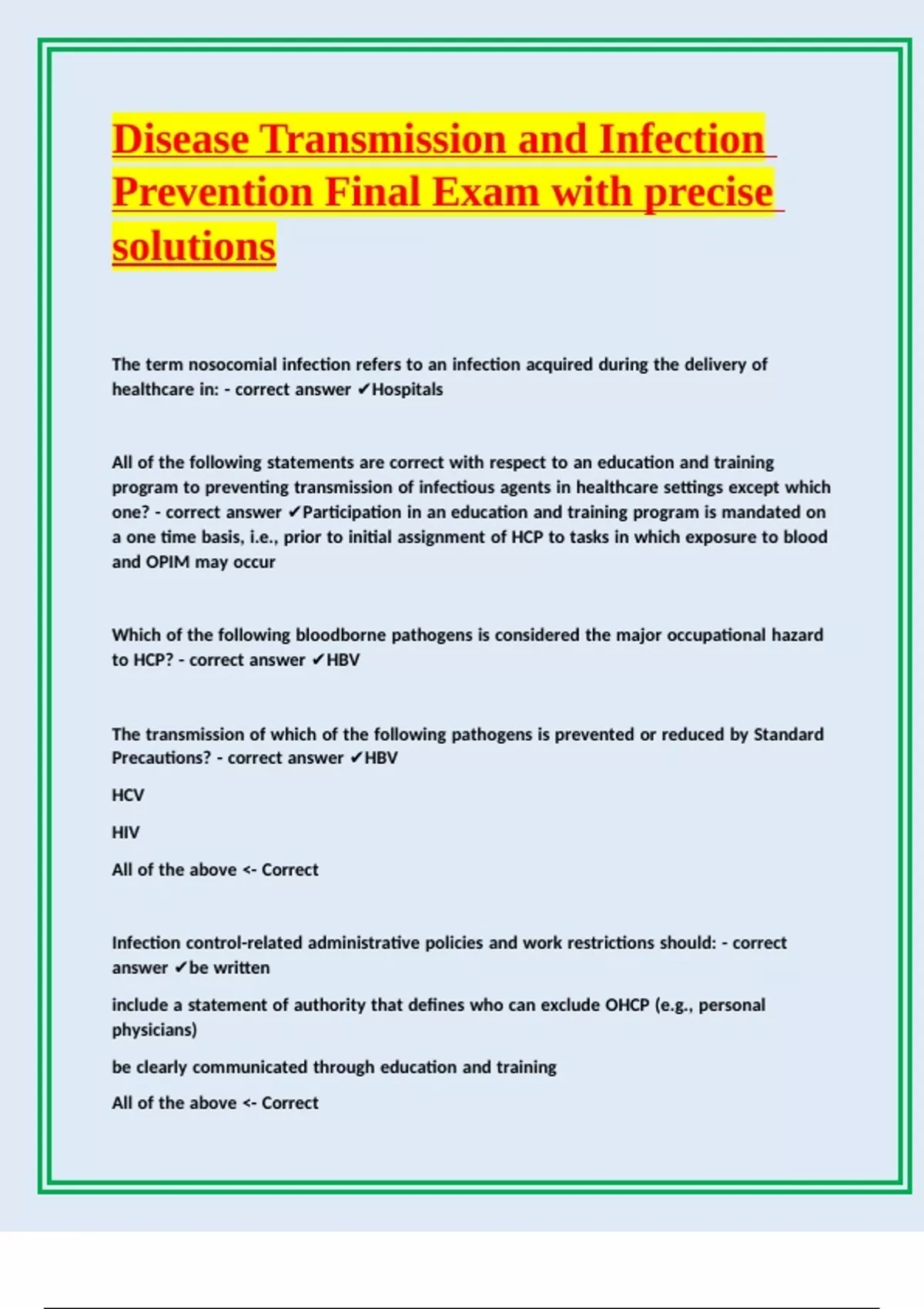 Disease Transmission and Infection Prevention Final Exam with precise ...