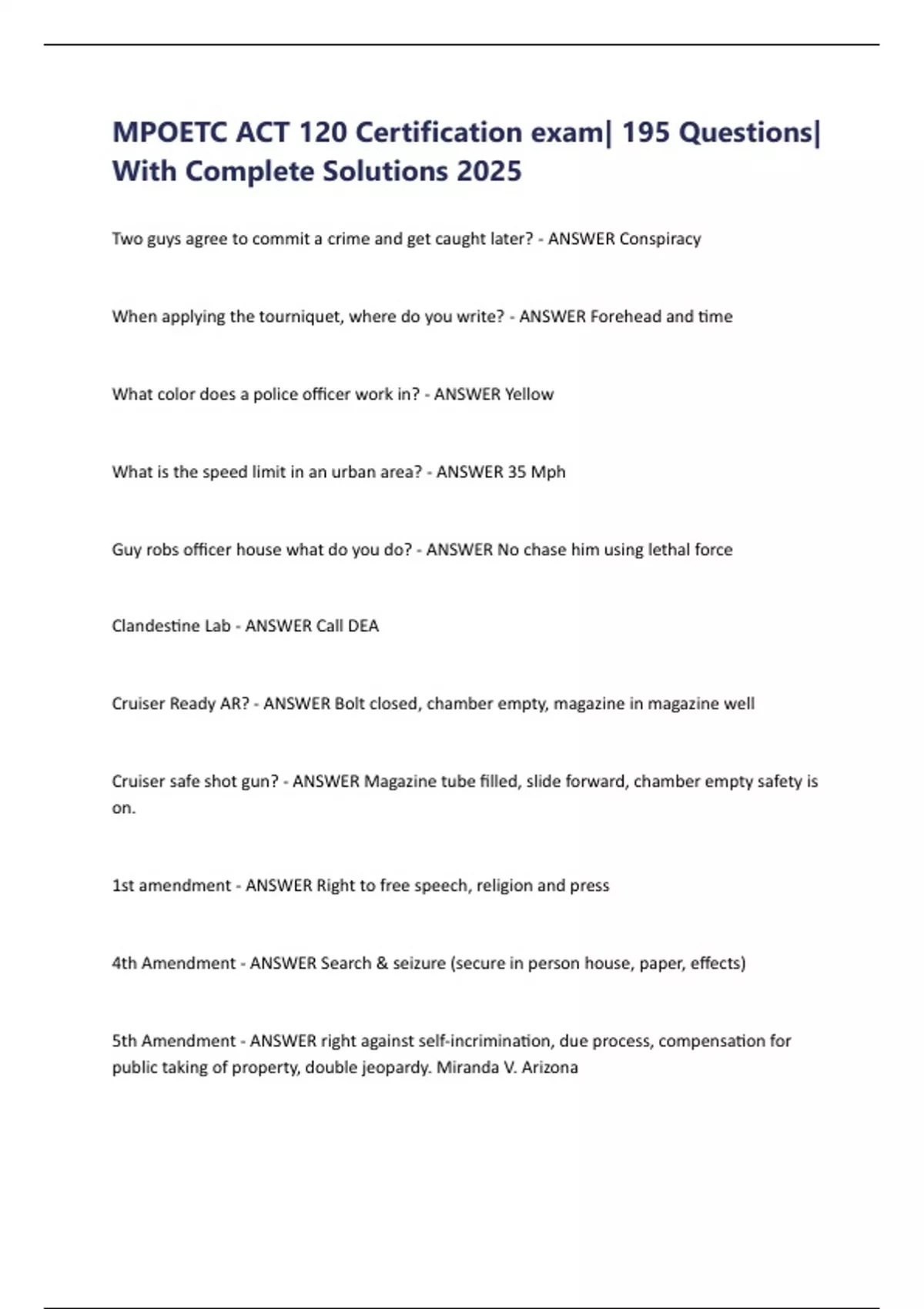 MPOETC ACT 120 Certification exam| 195 Questions| With Complete ...