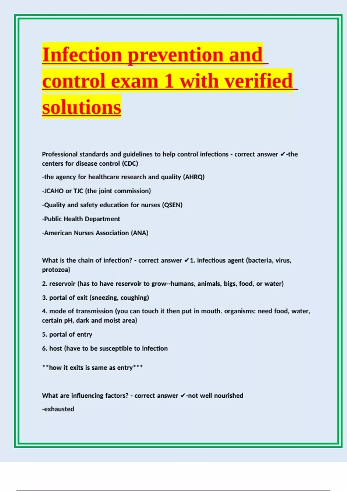 Infection prevention and control exam 1 with verified solutions ...