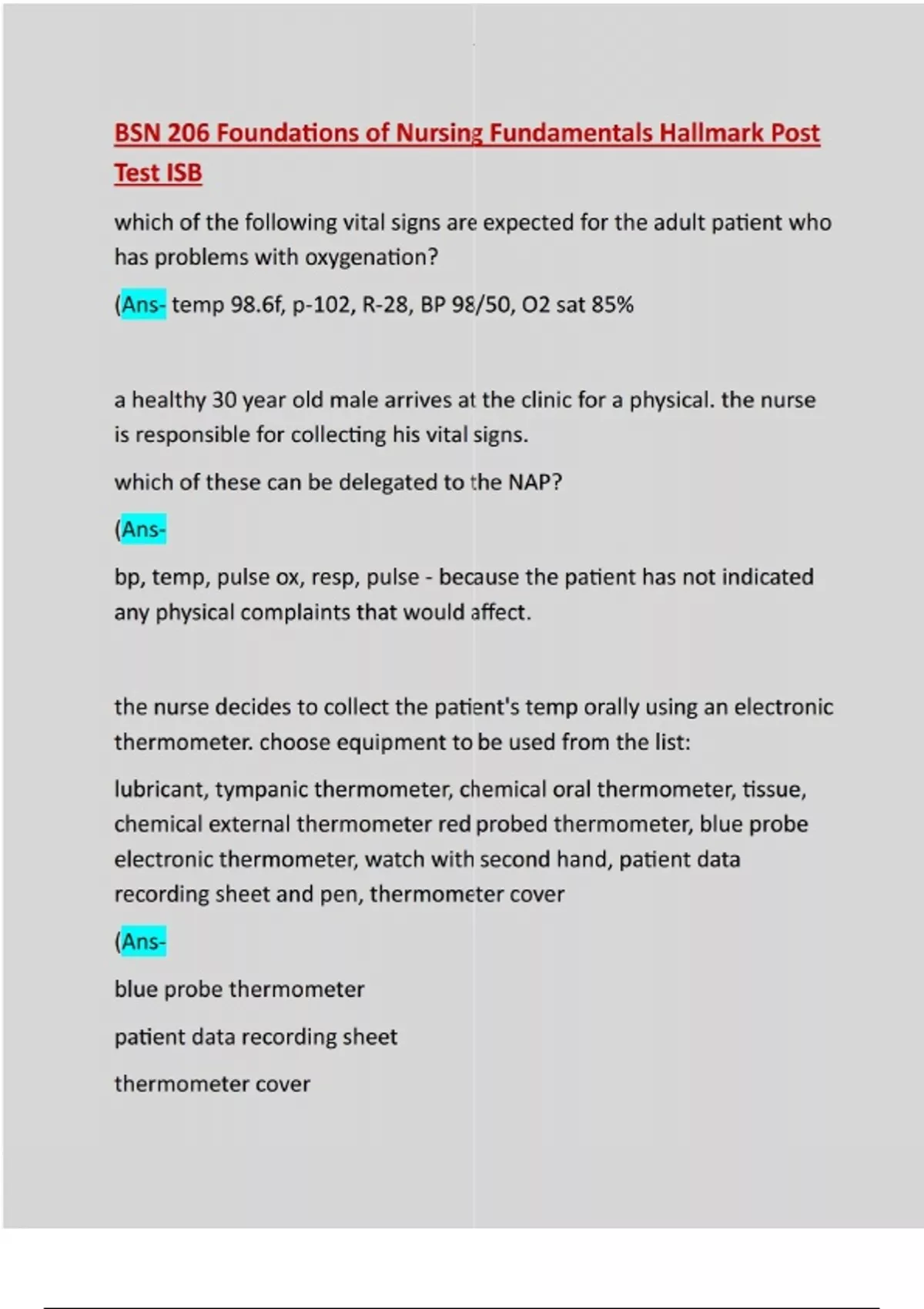 BSN 206:BSN 206 Hallmark Post Test ISB:BSN 206 Foundations of Nursing ...