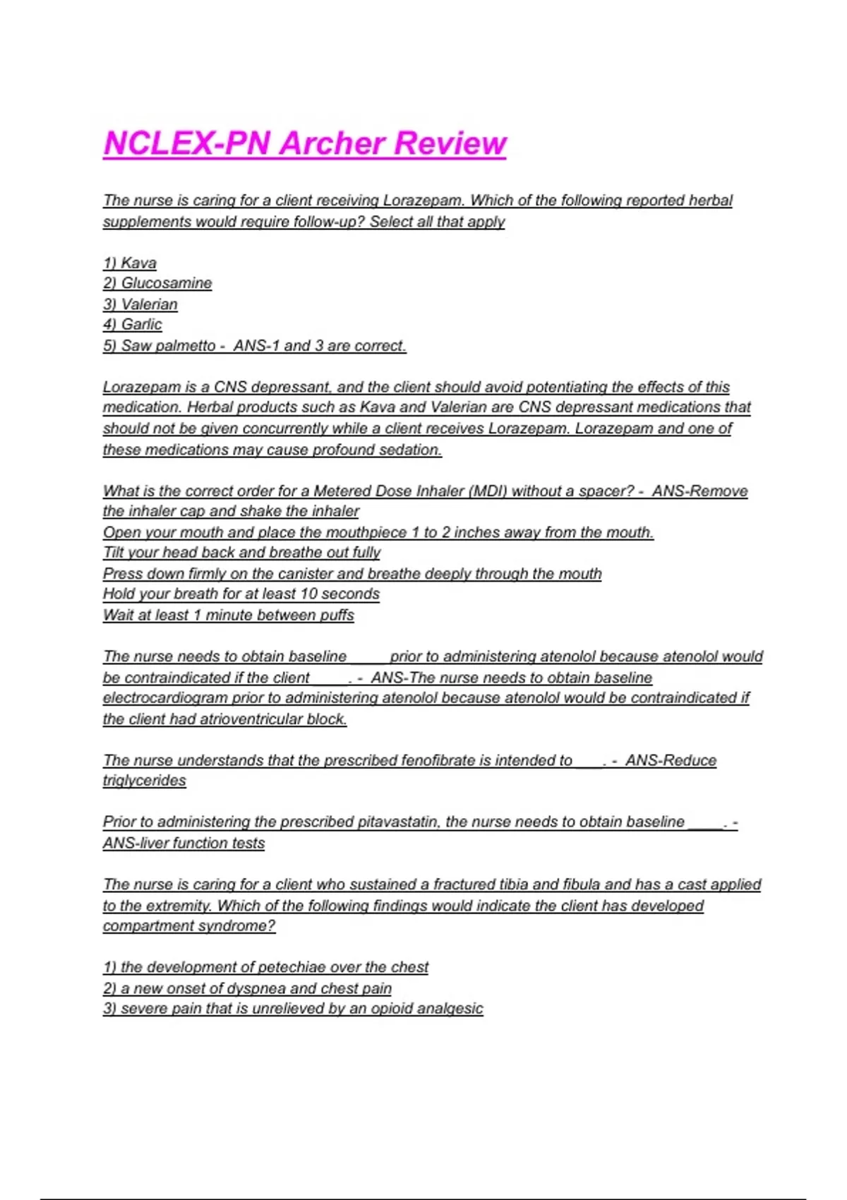 NCLEX-PN Archer Review Questions with complete solutions latest 2025/ ...