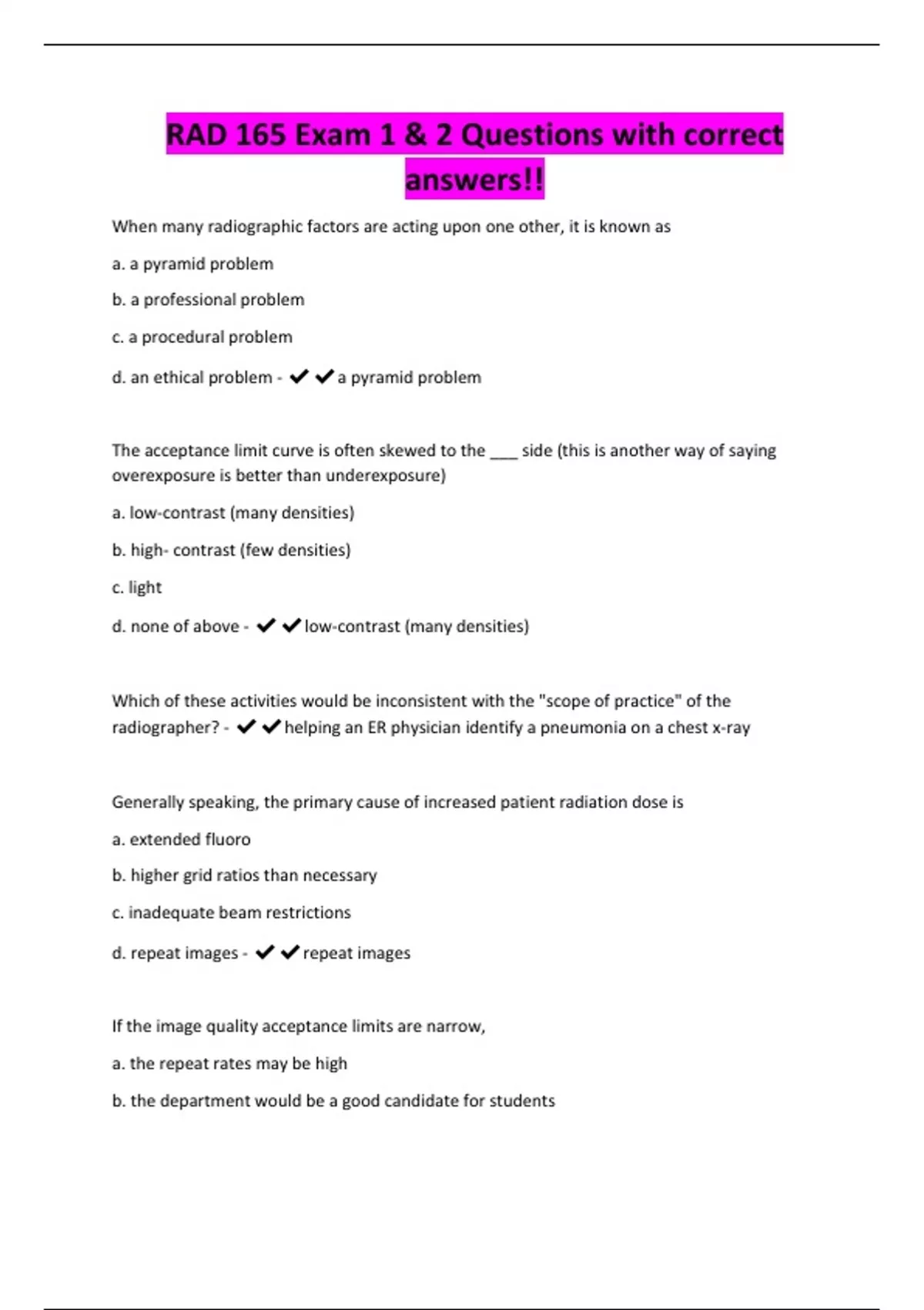 RAD 165 Exam 1 & 2 Questions with correct answers!! - E.X.A.M - Stuvia US
