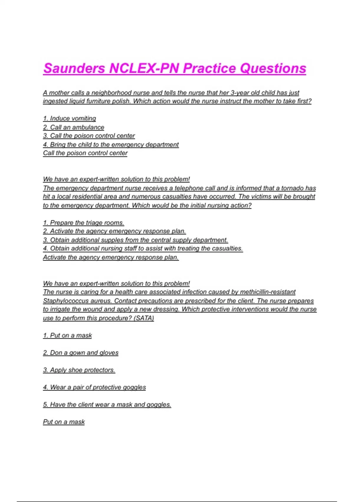 Saunders NCLEX-PN Practice Questions with correct Answers 2025/2026( A+ ...