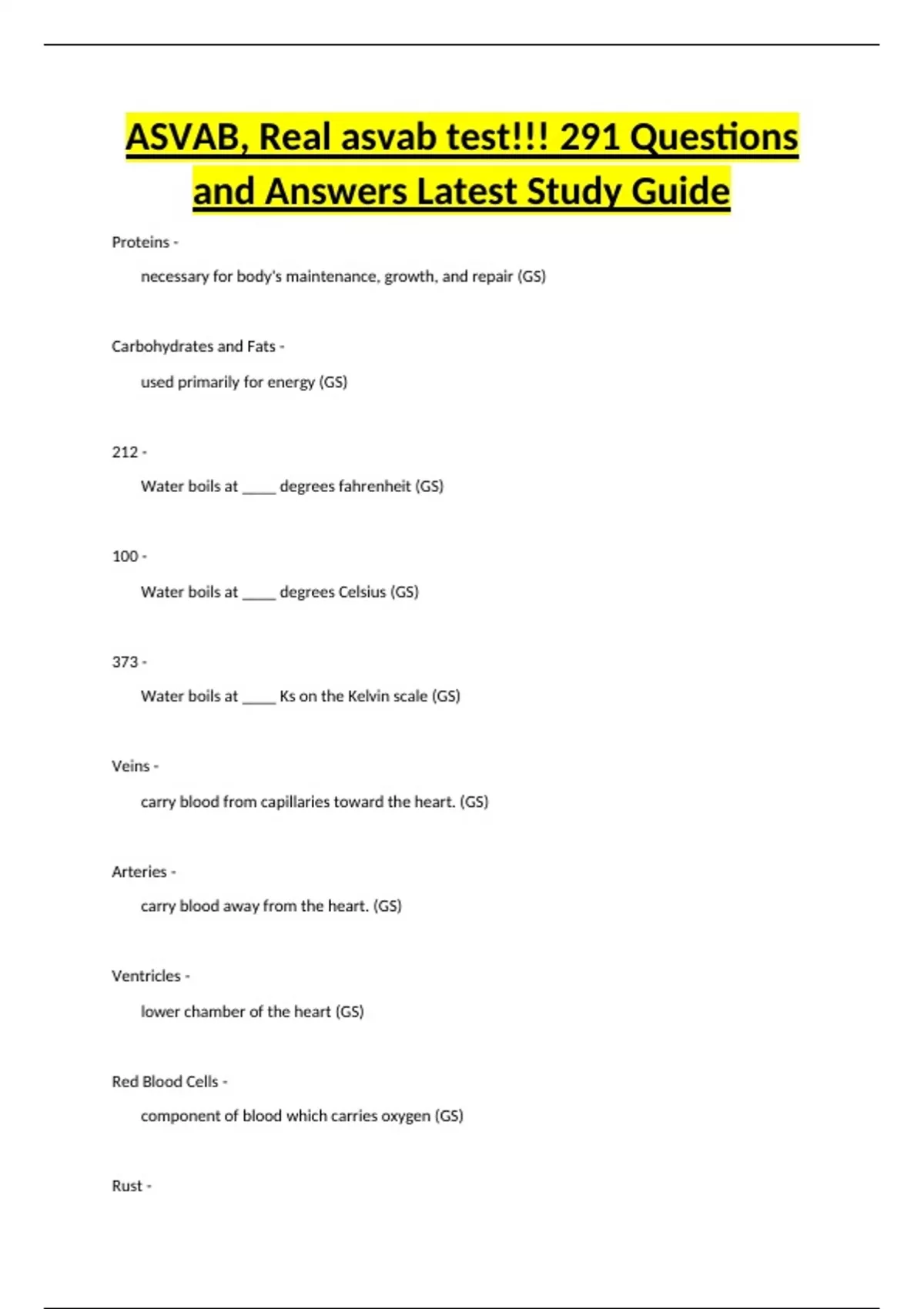 ASVAB, Real asvab test!!! 291 Questions and Answers Latest Study Guide ...