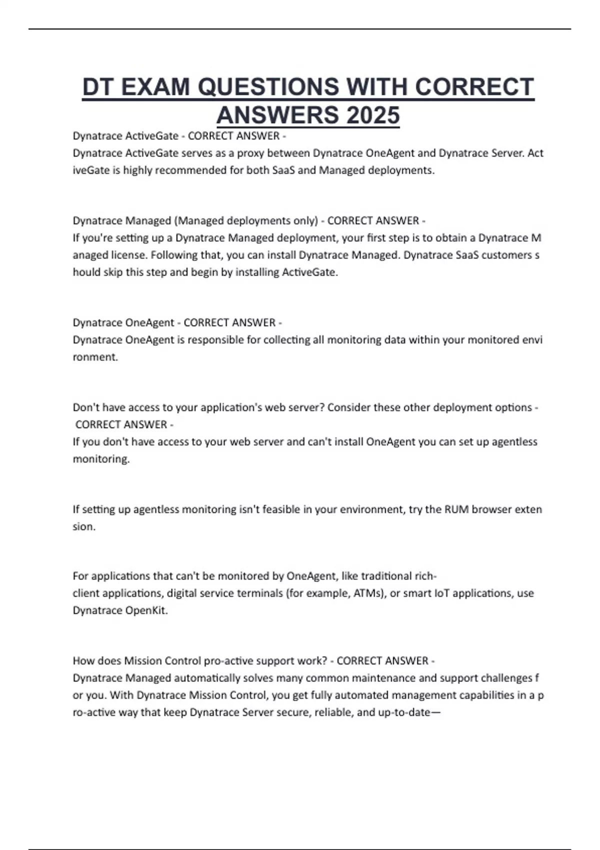 DT EXAM QUESTIONS WITH CORRECT ANSWERS 2025 - Dynatrace - Stuvia US