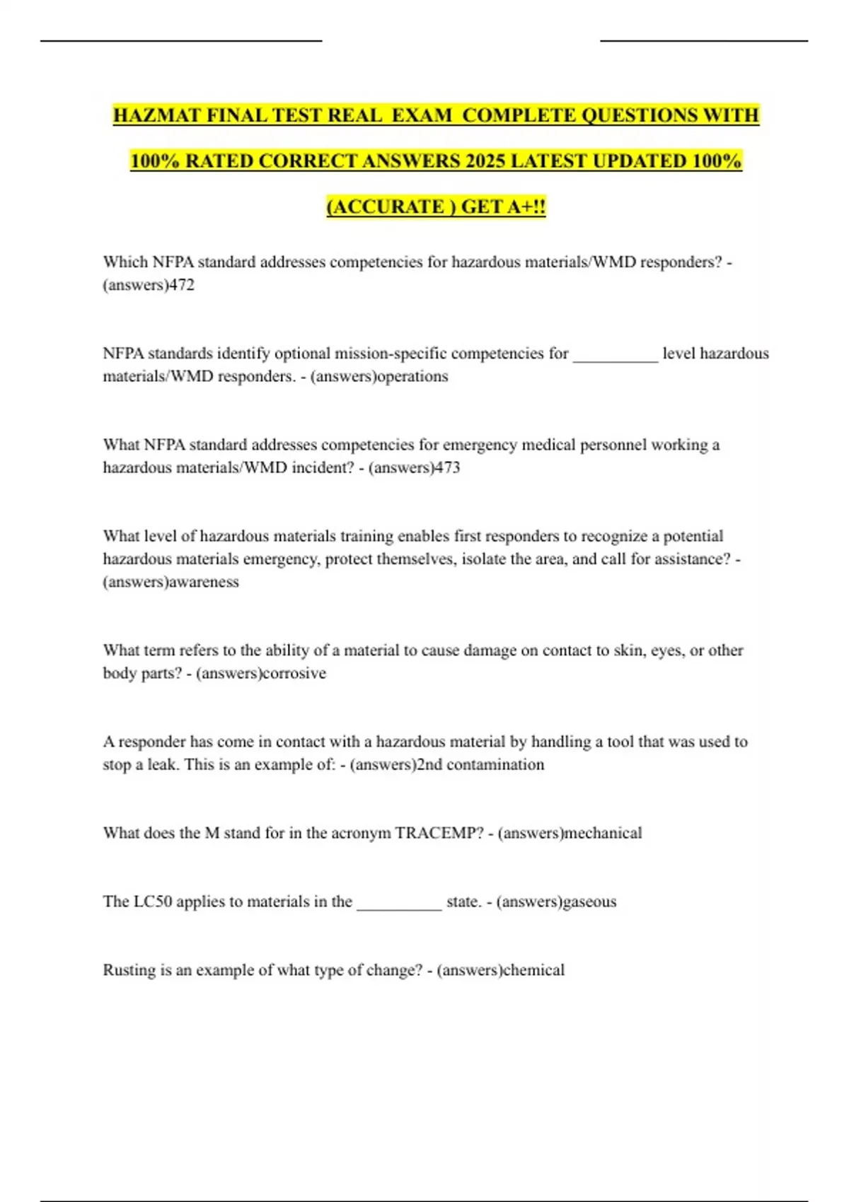 HAZMAT FINAL TEST REAL EXAM COMPLETE QUESTIONS WITH 100% RATED CORRECT ...