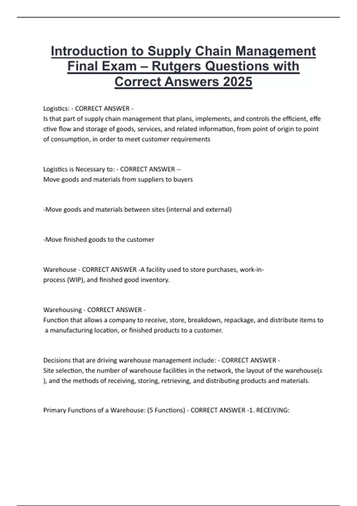 Introduction to Supply Chain Management Final Exam – Rutgers Questions ...