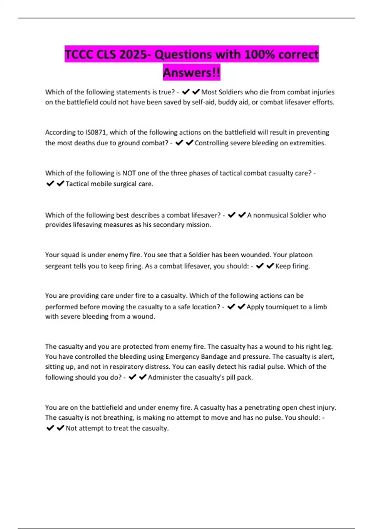 TCCC CLS 2025- Questions with 100% correct Answers!! - E.X.M - Stuvia US