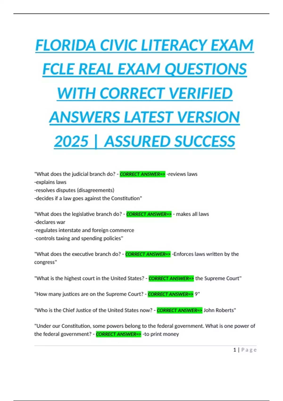 FLORIDA CIVIC LITERACY EXAM FCLE REAL EXAM QUESTIONS WITH CORRECT ...