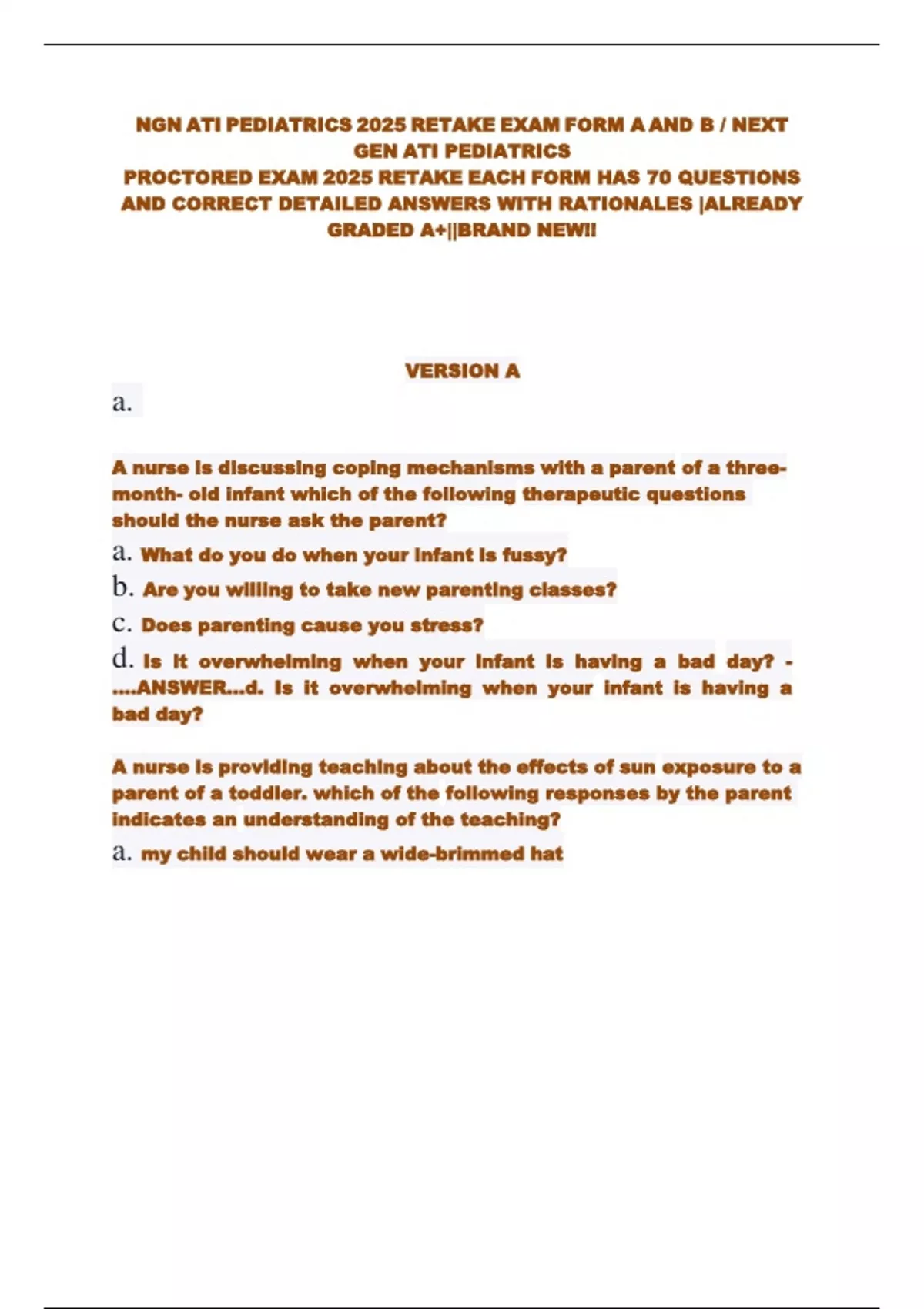 NGN ATI PEDIATRICS 2025 RETAKE EXAM FORM A AND B NEXT GEN ATI ...