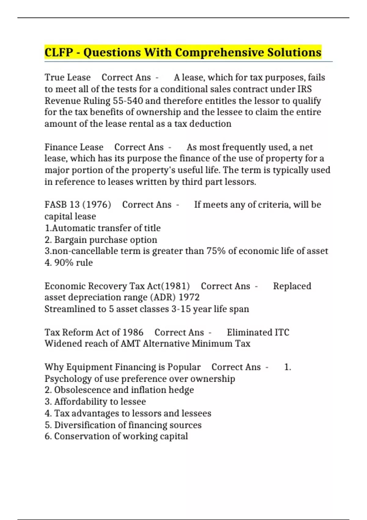 CLFP - Questions With Comprehensive Solutions - CLFP - Stuvia US