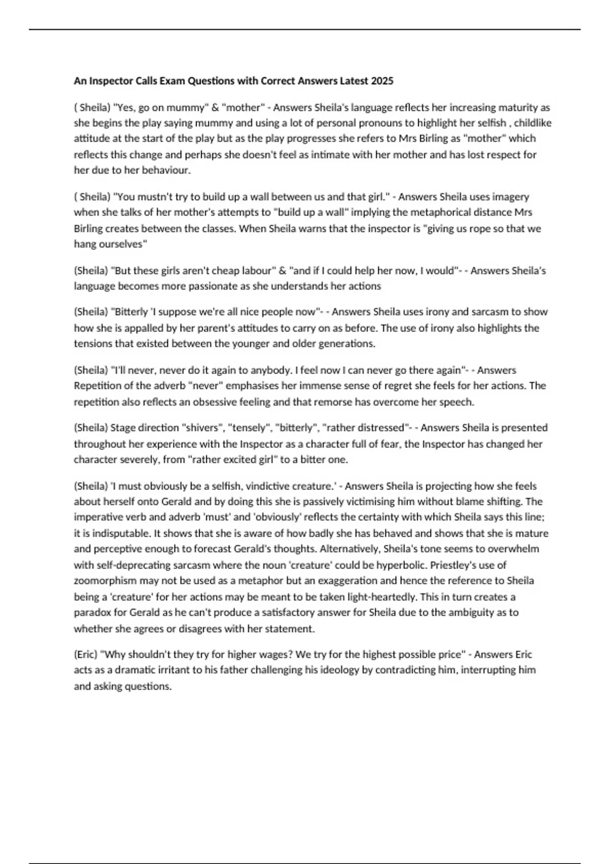 An Inspector Calls Exam Questions with Correct Answers Latest 2025 - An ...