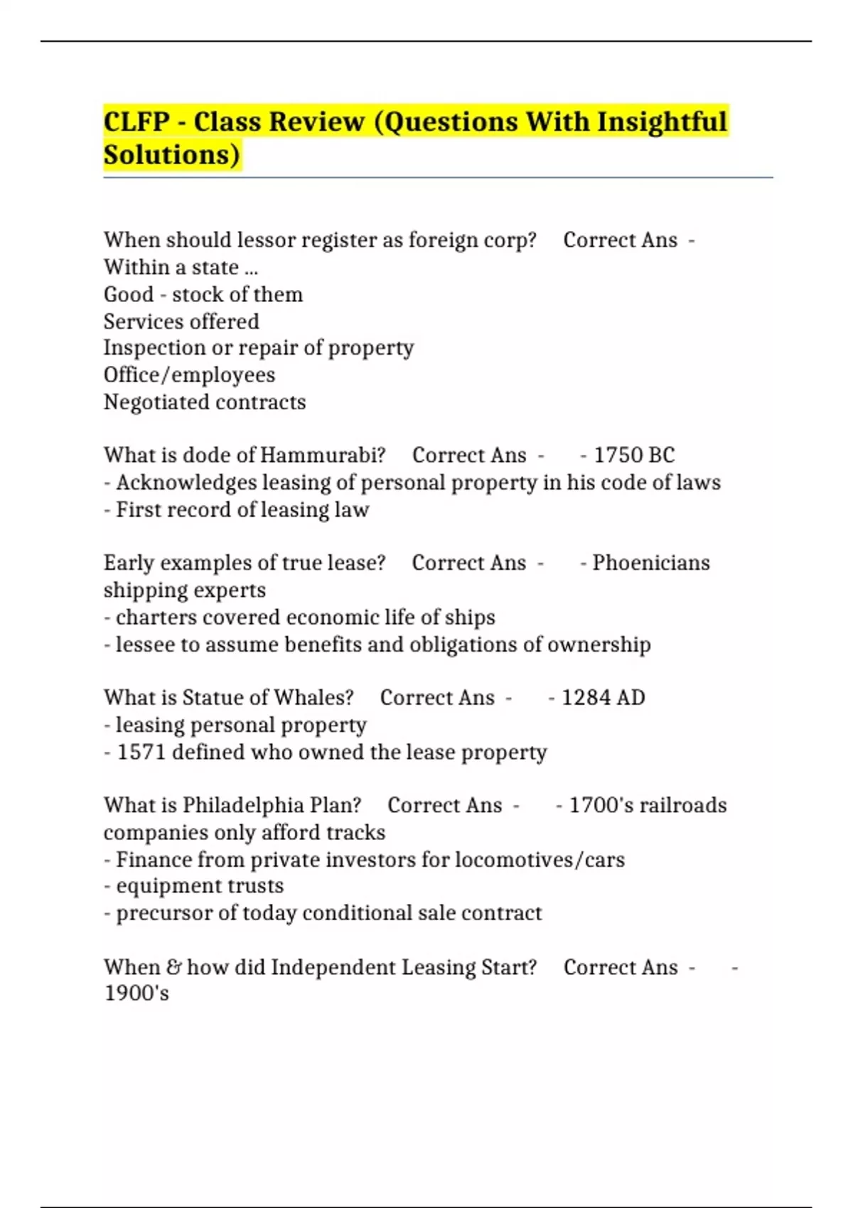 CLFP - Class Review (Questions With Insightful Solutions) - CLFP ...