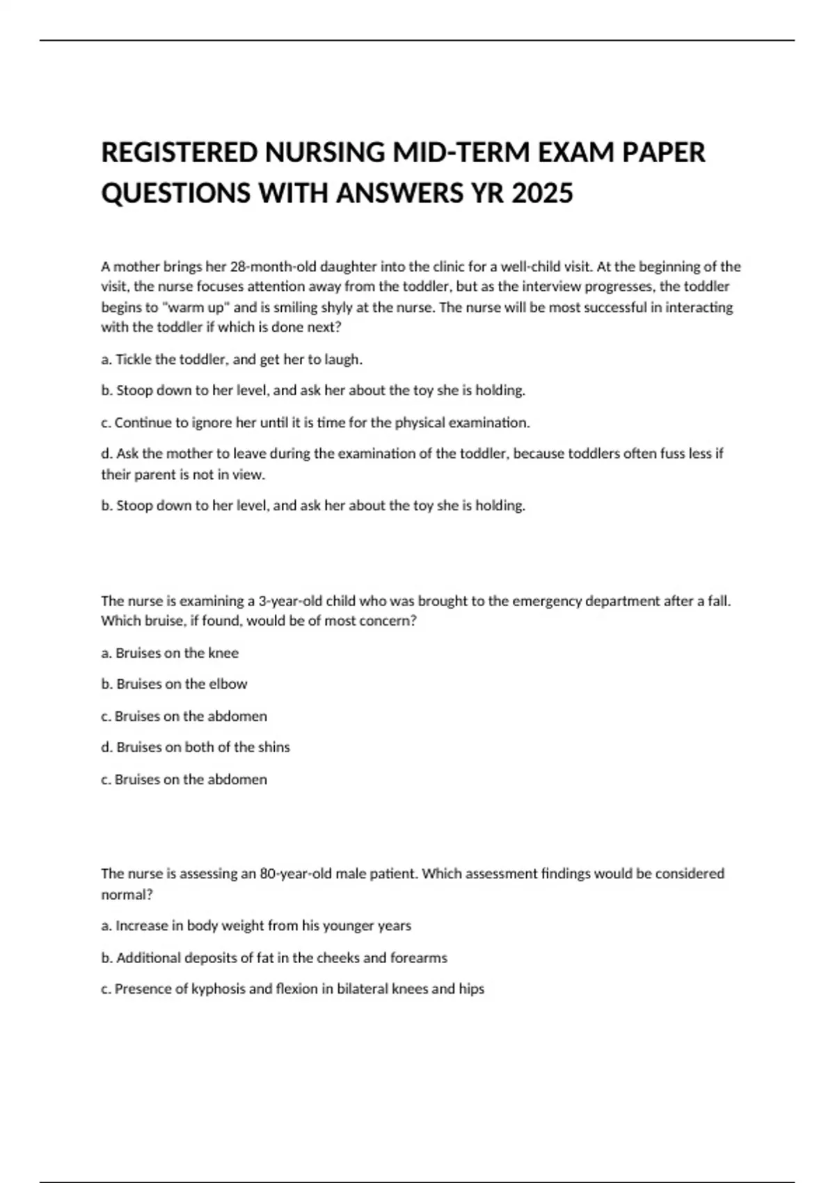 REGISTERED NURSING MID-TERM EXAM PAPER QUESTIONS WITH ANSWERS YR 2025 ...