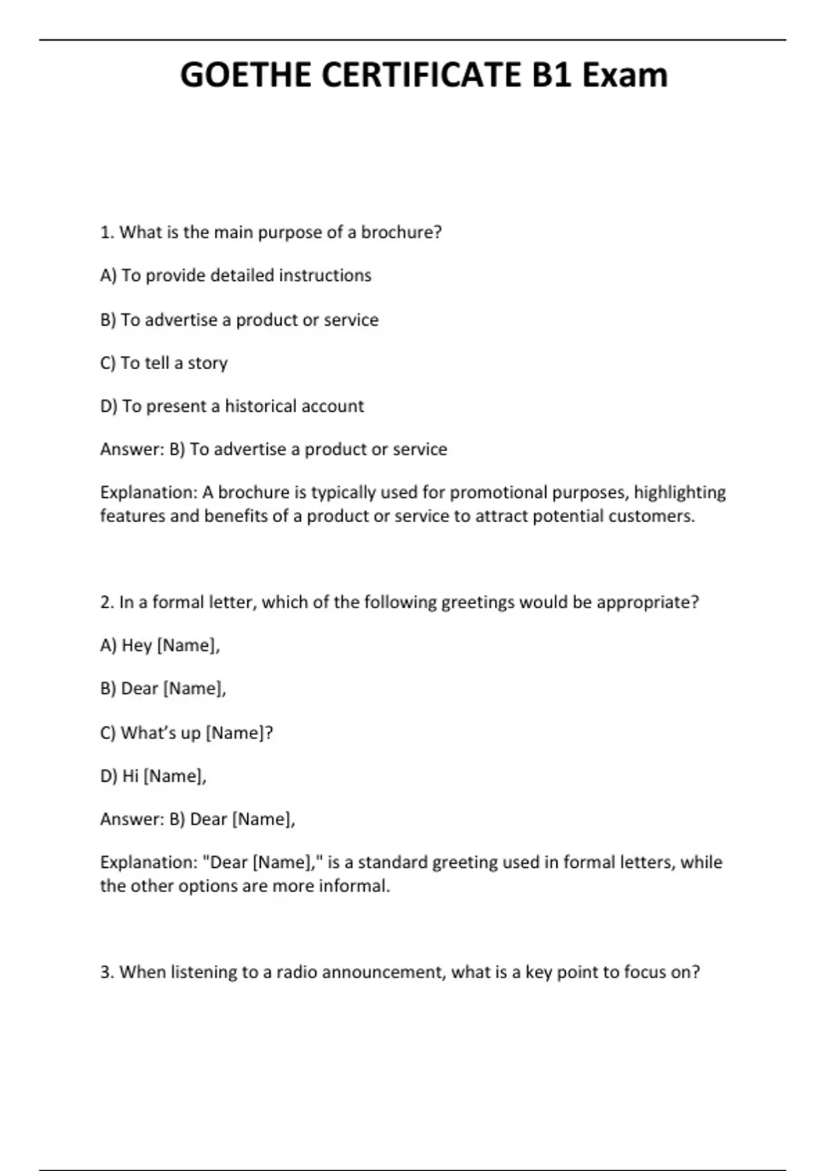 GOETHE CERTIFICATE B1 Exam - Computers - Stuvia US