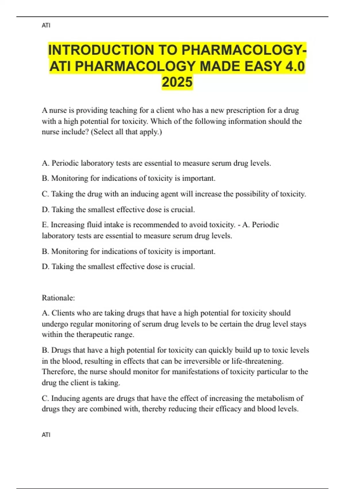 INTRODUCTION TO PHARMACOLOGY- ATI PHARMACOLOGY MADE EASY 4.0 2025 - ATI ...