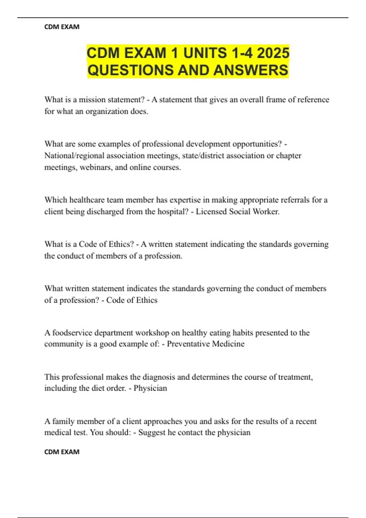 CDM EXAM 1 UNITS 1-4 2025 QUESTIONS AND ANSWERS - CDM - Stuvia US