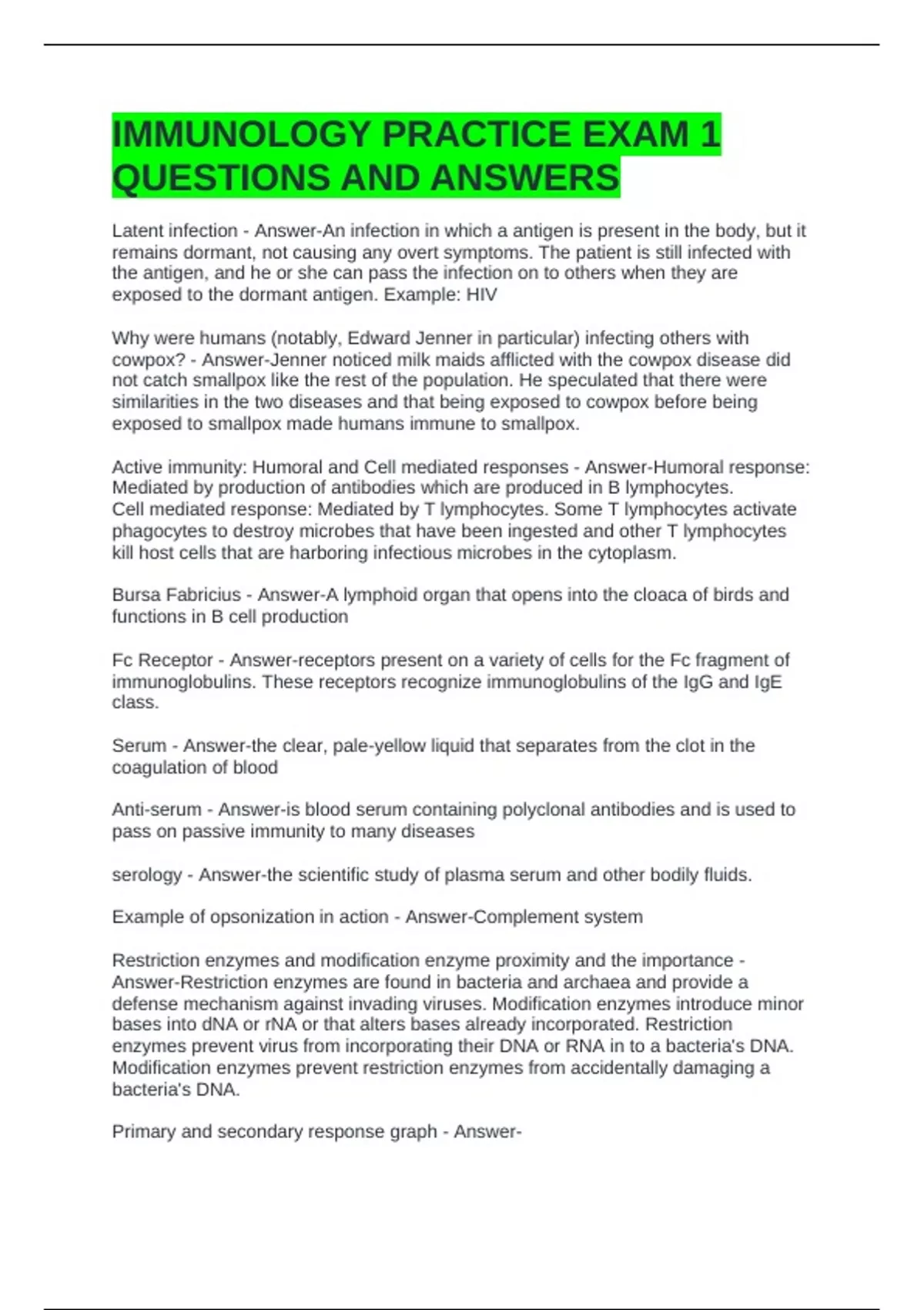 IMMUNOLOGY PRACTICE EXAM 1 QUESTIONS AND ANSWERS - Cnpr pharmaceutical ...