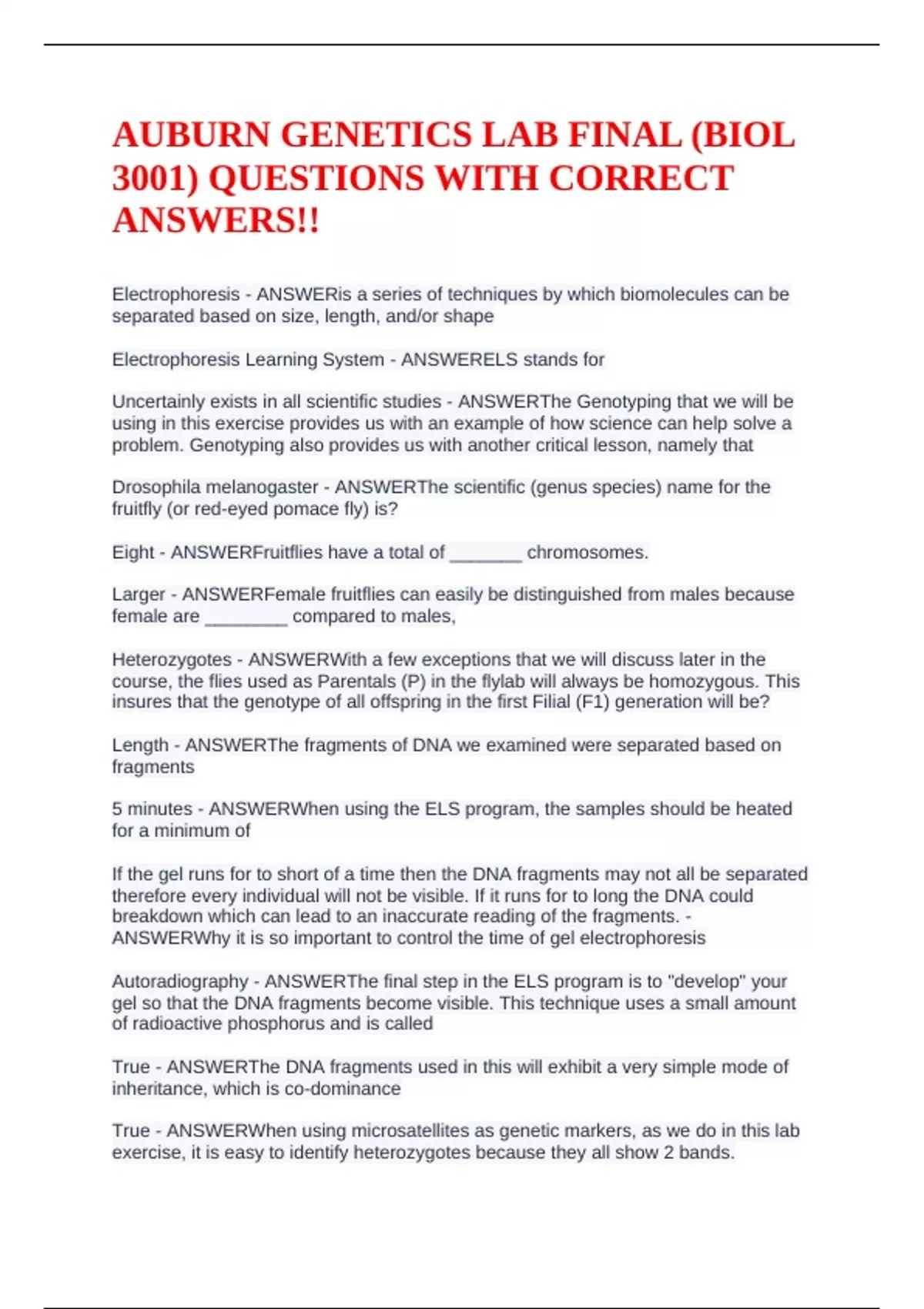 AUBURN GENETICS LAB FINAL (BIOL 3001) QUESTIONS WITH CORRECT ANSWERS ...