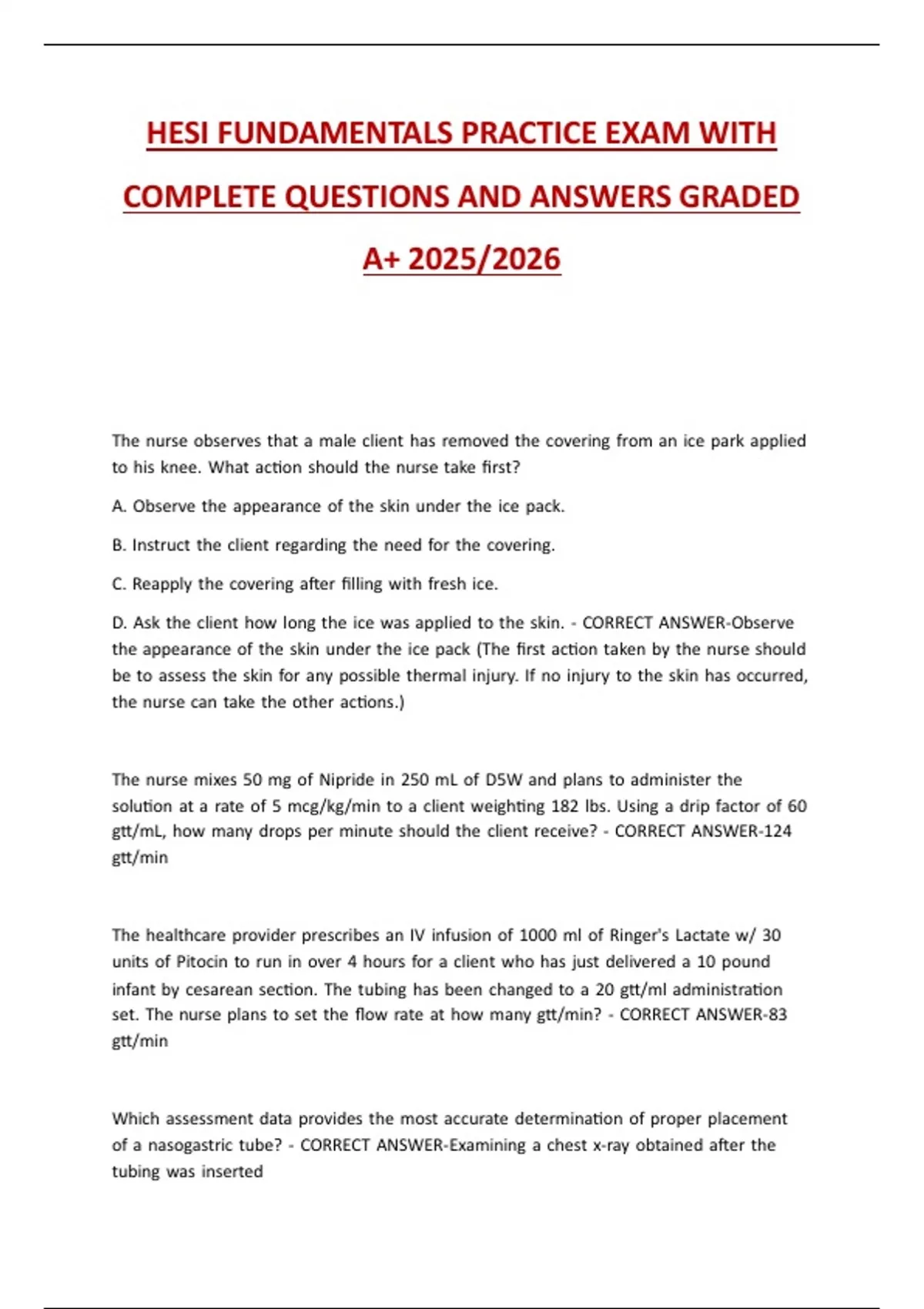 HESI FUNDAMENTALS PRACTICE EXAM WITH COMPLETE QUESTIONS AND ANSWERS ...