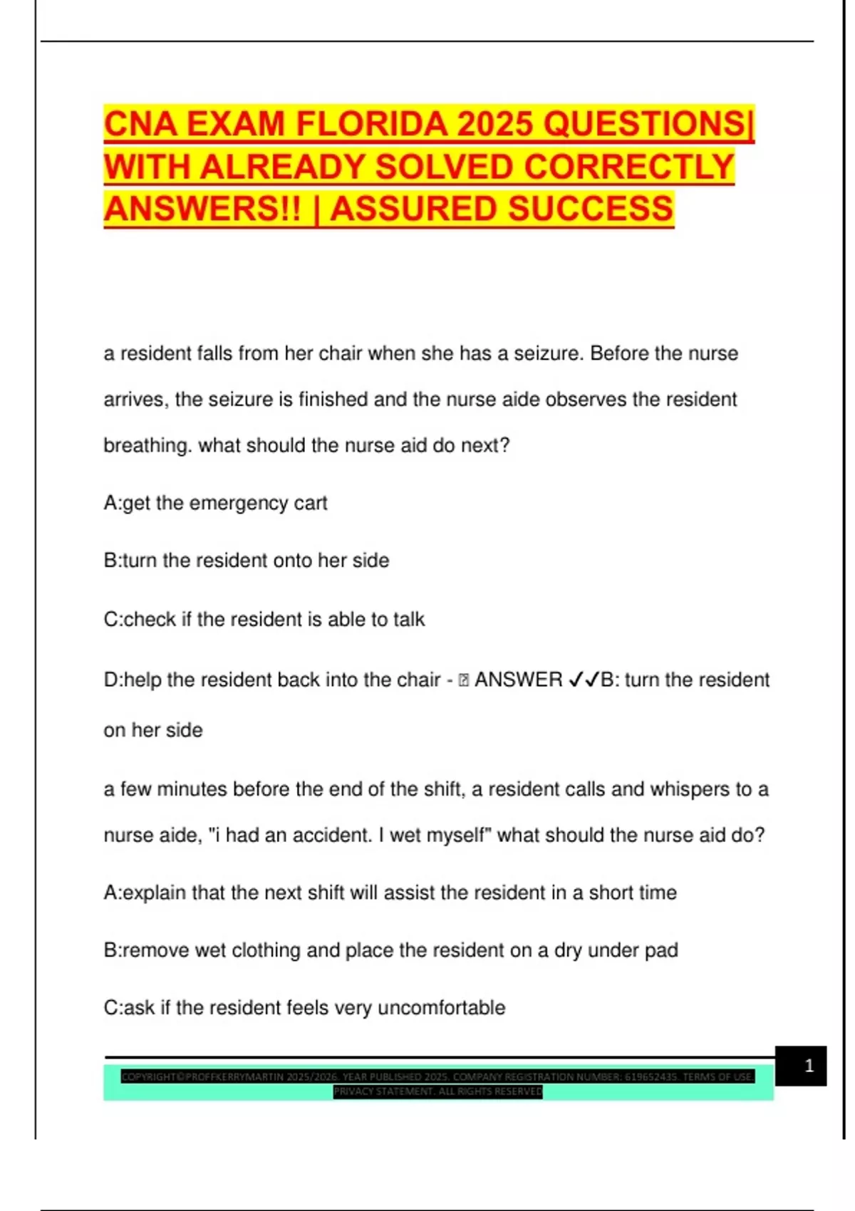 CNA EXAM FLORIDA 2025 QUESTIONS| WITH ALREADY SOLVED CORRECTLY ANSWERS ...