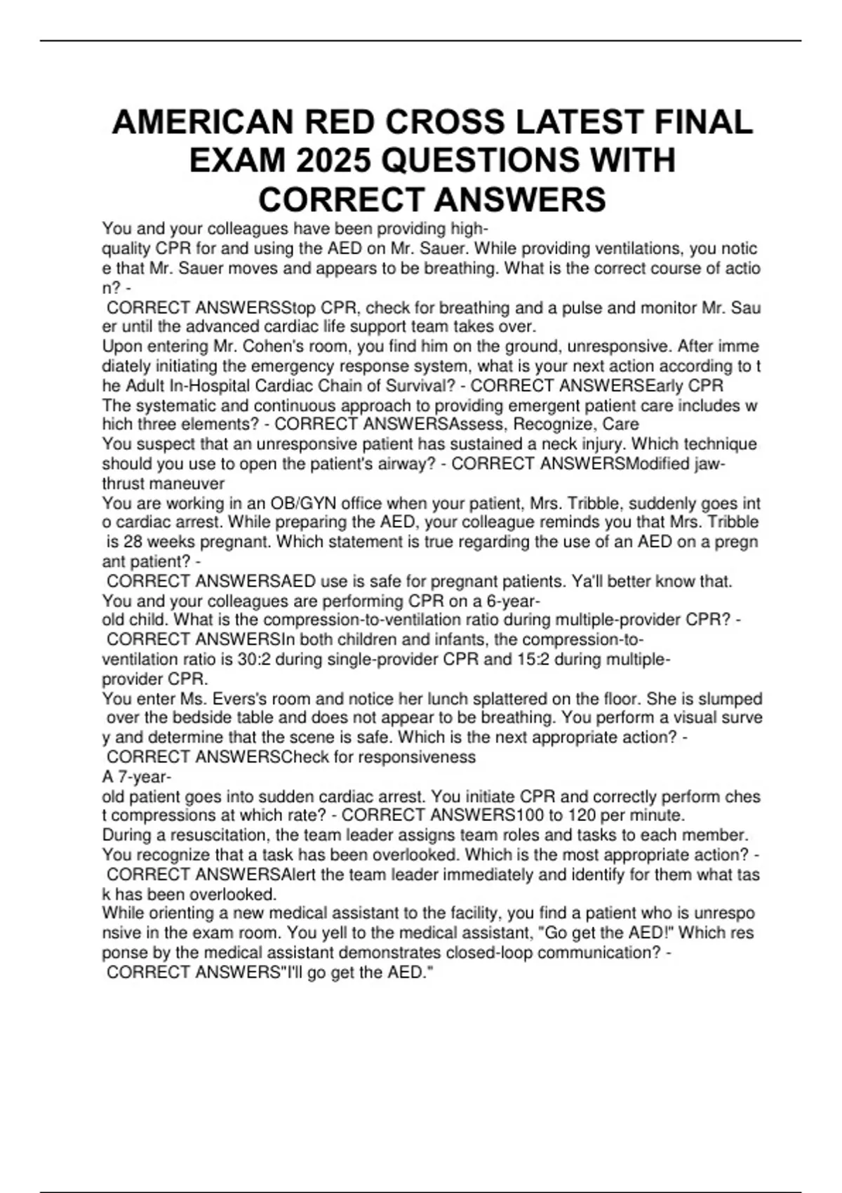 AMERICAN RED CROSS LATEST FINAL EXAM 2025 QUESTIONS WITH CORRECT ...
