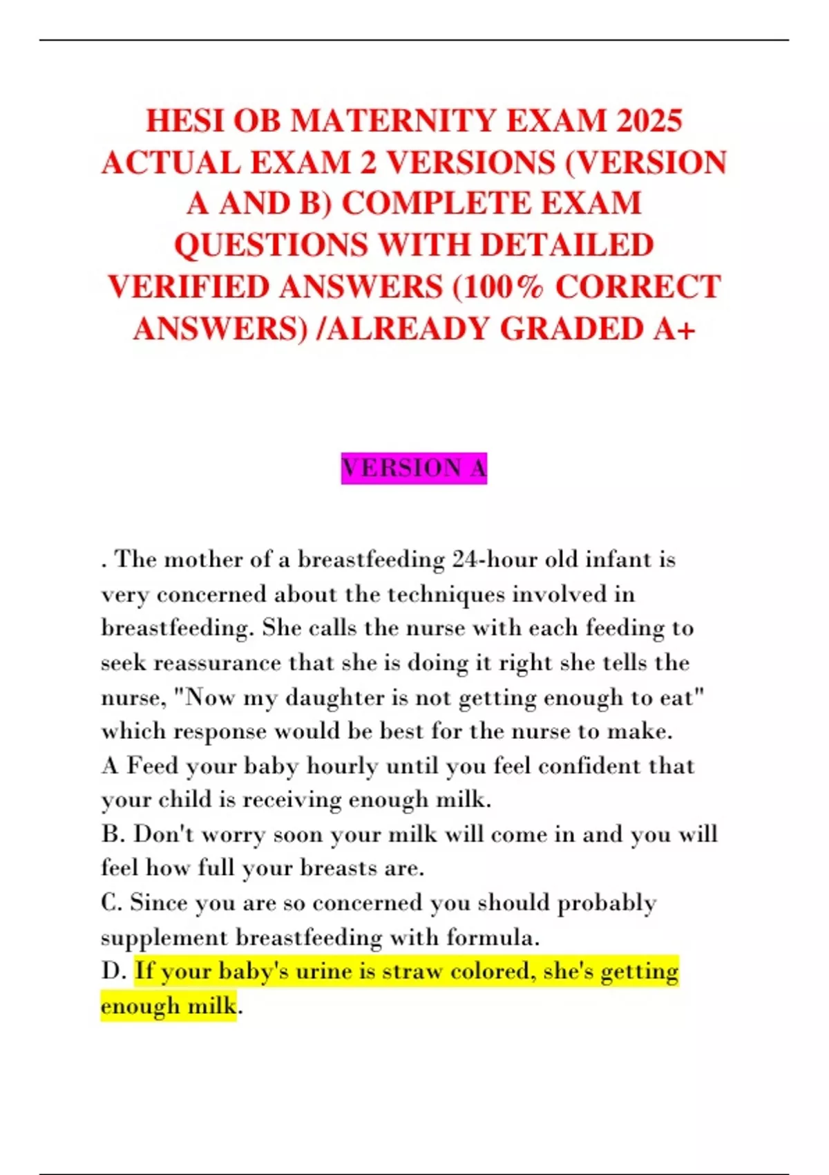 HESI OB MATERNITY EXAM 2025 ACTUAL EXAM 2 VERSIONS (VERSION A AND B ...