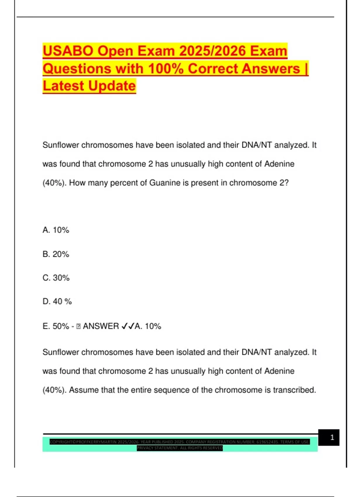 USABO Open Exam 2025/2026 Exam Questions with 100% Correct Answers ...