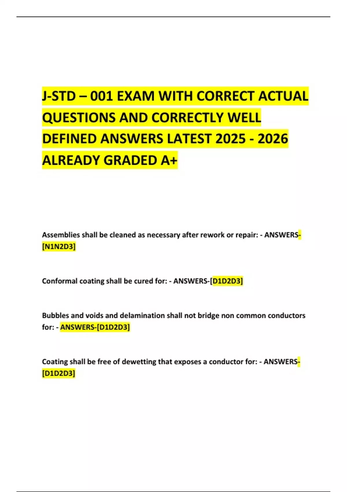 J-STD – 001 EXAM WITH CORRECT ACTUAL QUESTIONS AND CORRECTLY WELL ...