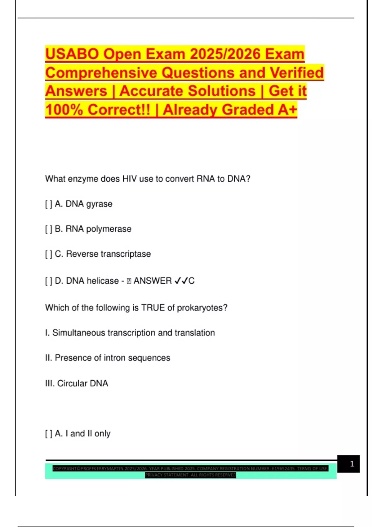 USABO Open Exam 2025/2026 Exam Comprehensive Questions and Verified ...