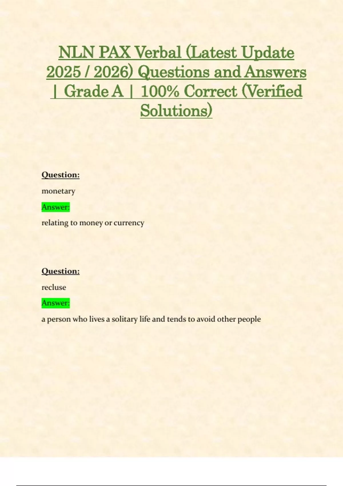NLN PAX Verbal (Latest Update 2025 / 2026) Questions and Answers ...