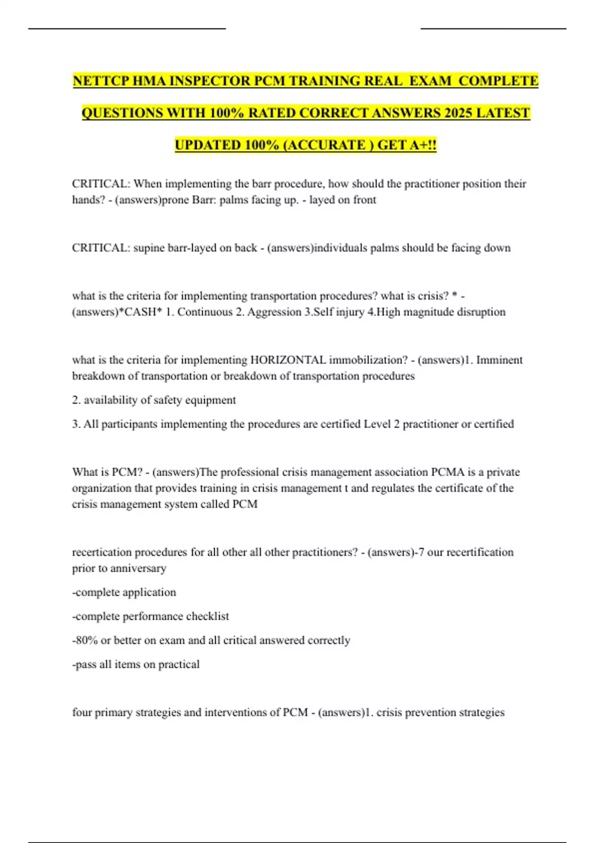 NETTCP HMA INSPECTOR PCM TRAINING REAL EXAM COMPLETE QUESTIONS WITH 100 ...