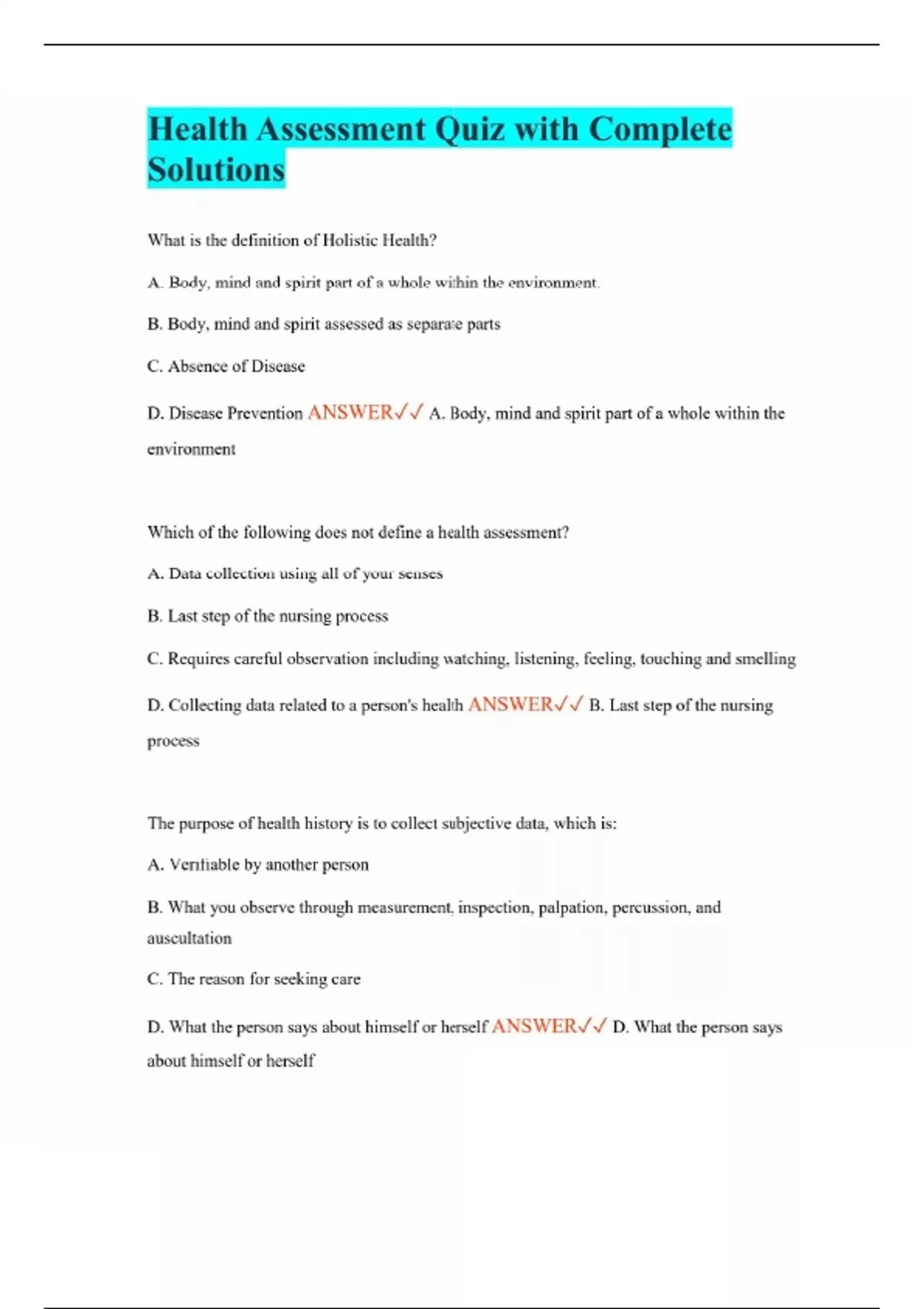 Health Assessment Quiz with Complete Solutions - Health assessment ...