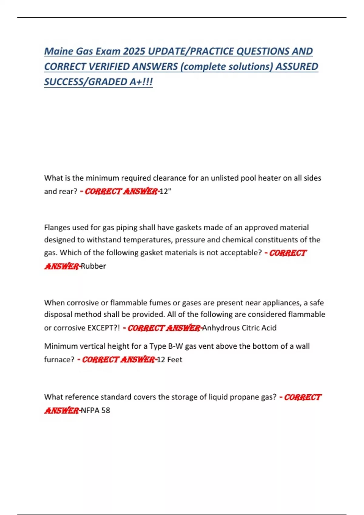 Maine Gas Exam 2025 UPDATE/PRACTICE QUESTIONS AND CORRECT VERIFIED ...