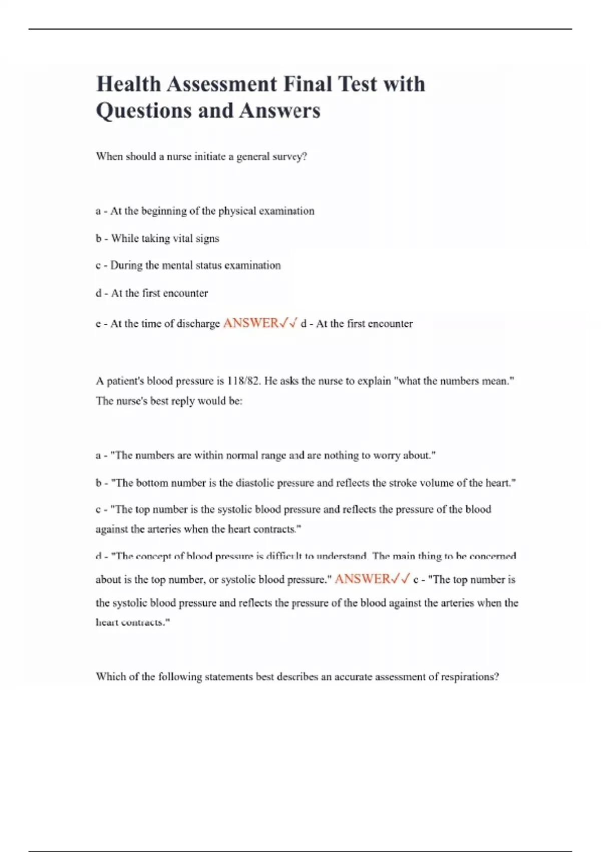 Health Assessment Final Test with Questions and Answers - Health ...