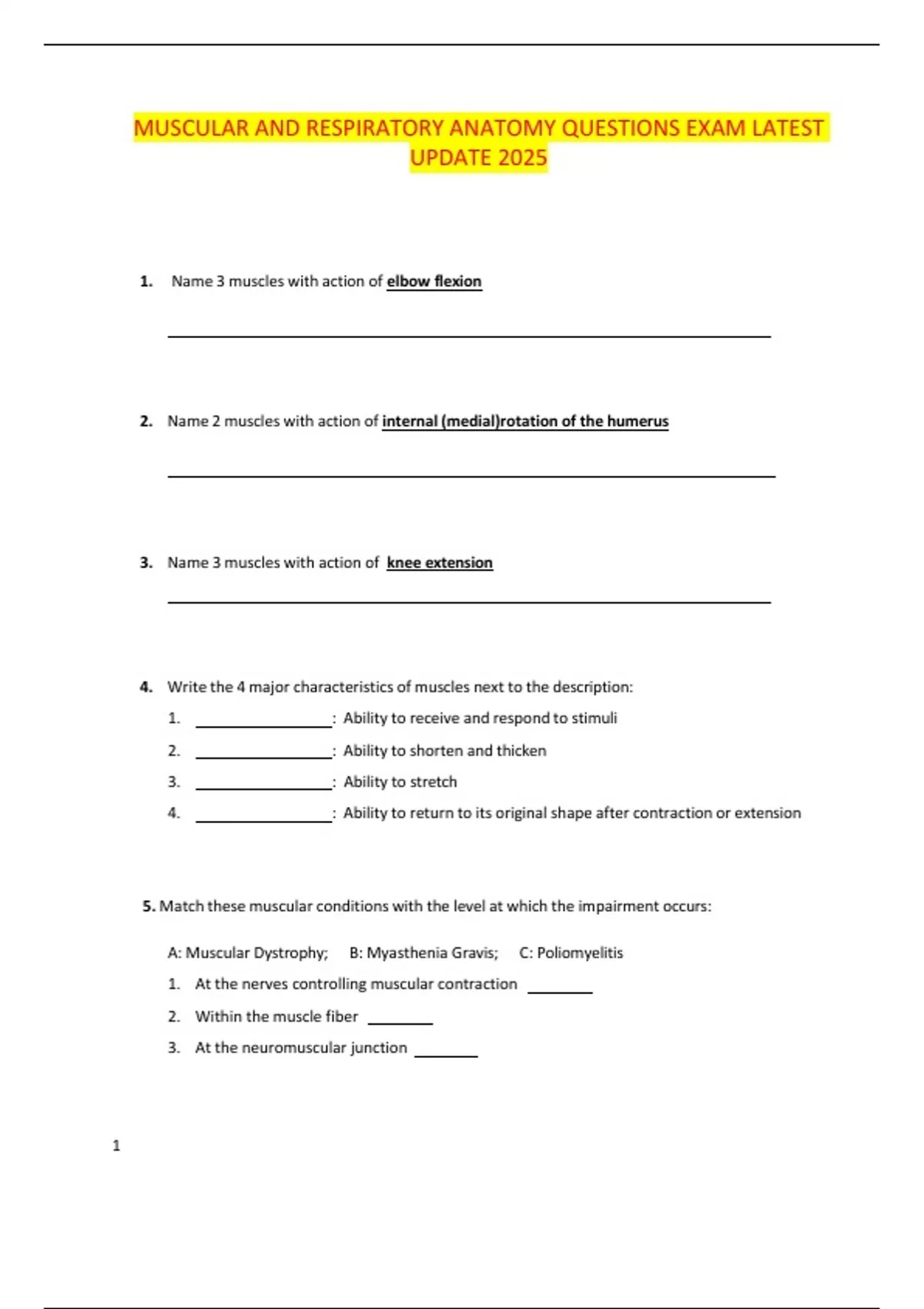 MUSCULAR AND RESPIRATORY ANATOMY QUESTIONS EXAM LATEST UPDATE 2025 ...